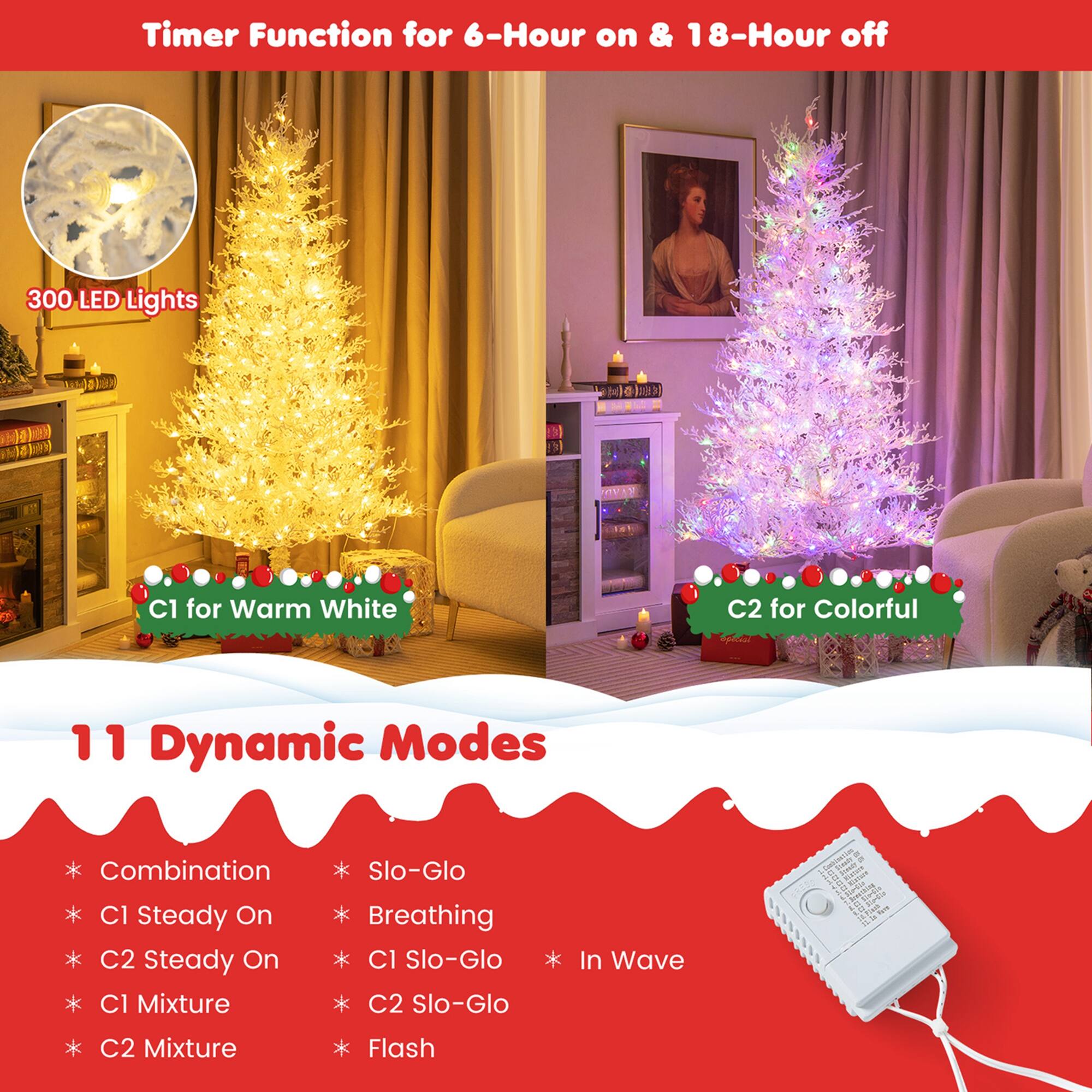 Costway 6 FT Pre Lit Christmas Tree Snow Flocked Hinged 11 Lighting ...