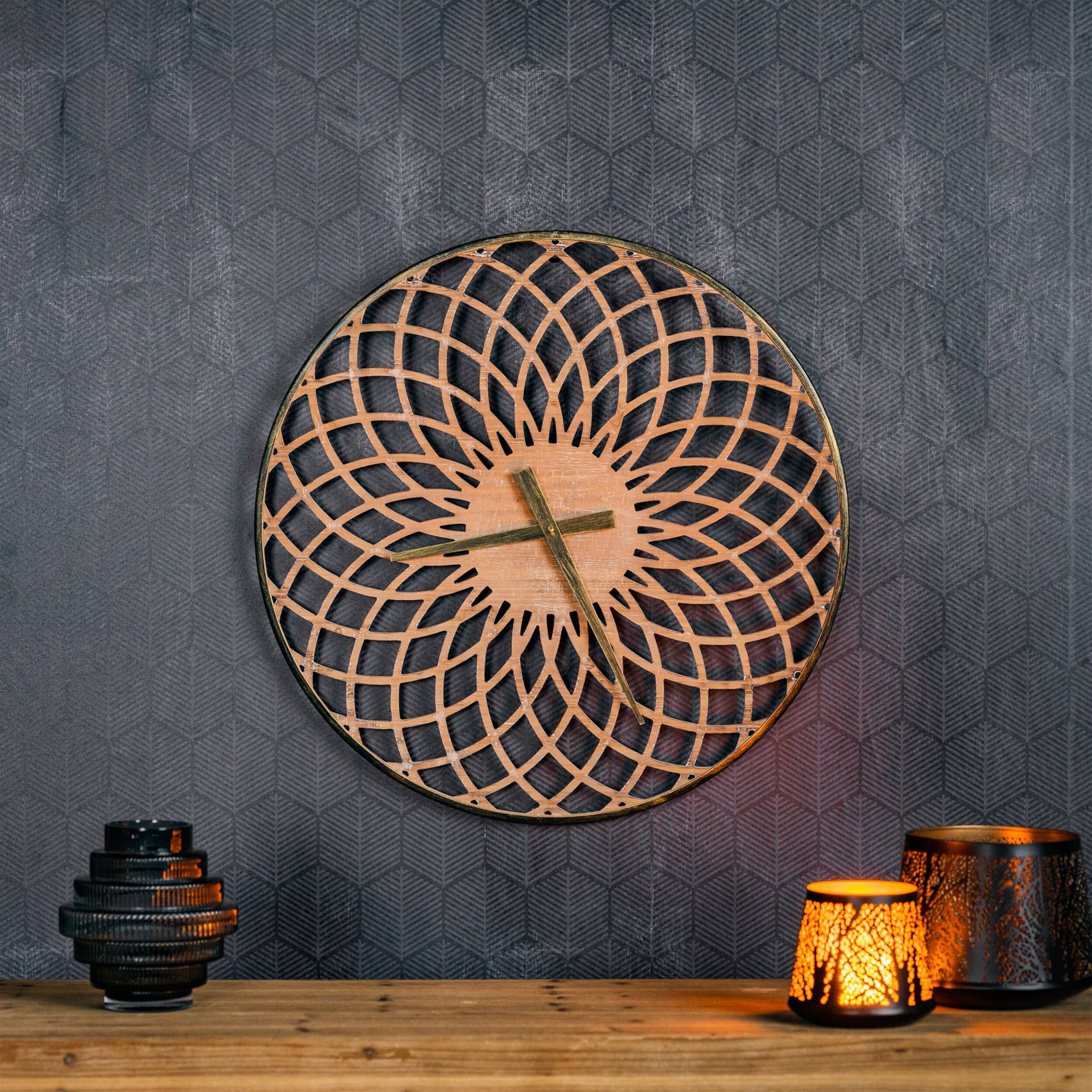 BreeBe Round Lattice Wood Wall Clock 23.75"D Brown, Bronze 88015DS ...