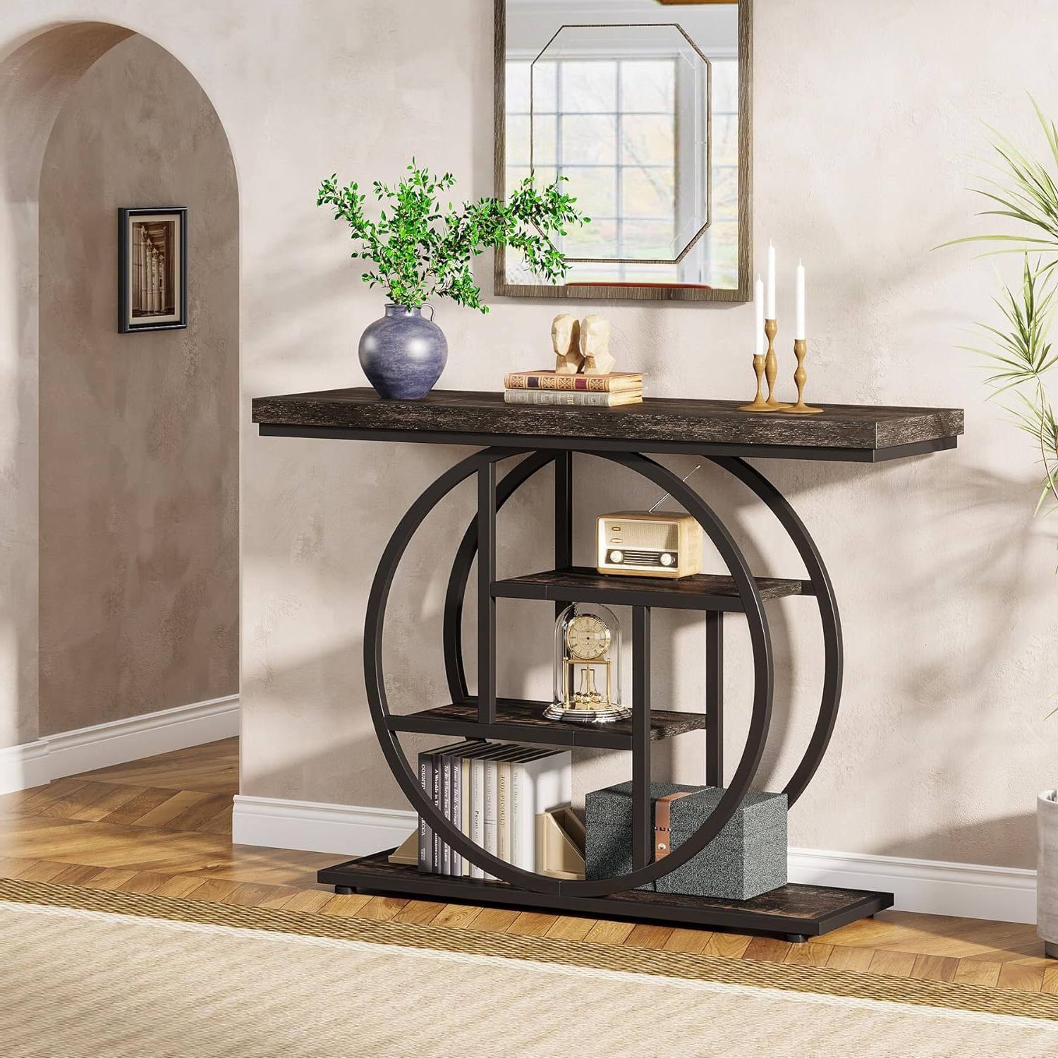 SlickBlue Circular Base Entryway Console Table with Modern Wood Shelves ...