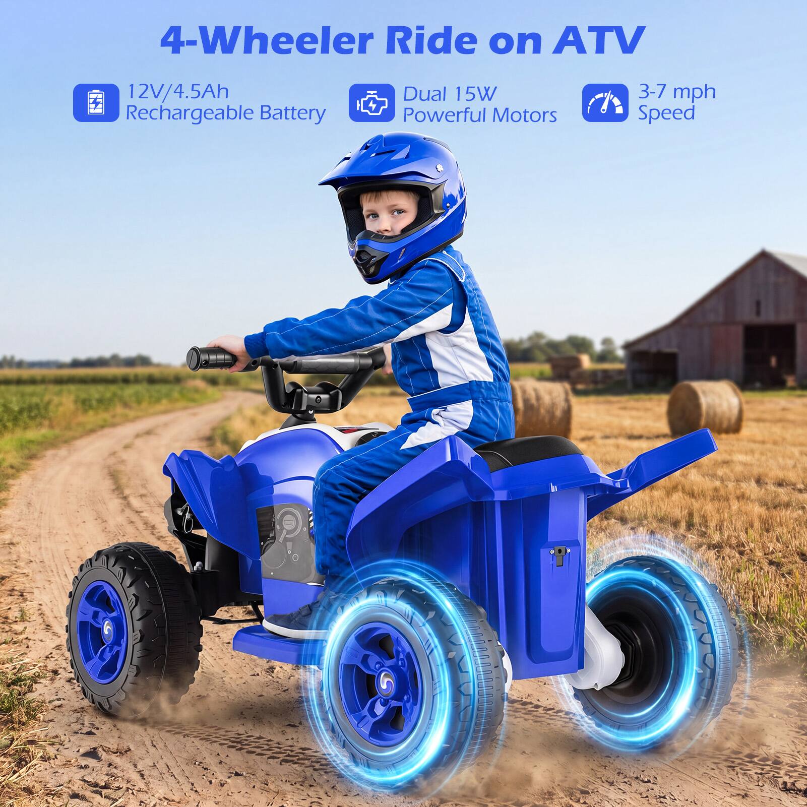 Costway 12V Quad 4 Wheeler Ride on Toy with Music, Light, USB Port ...