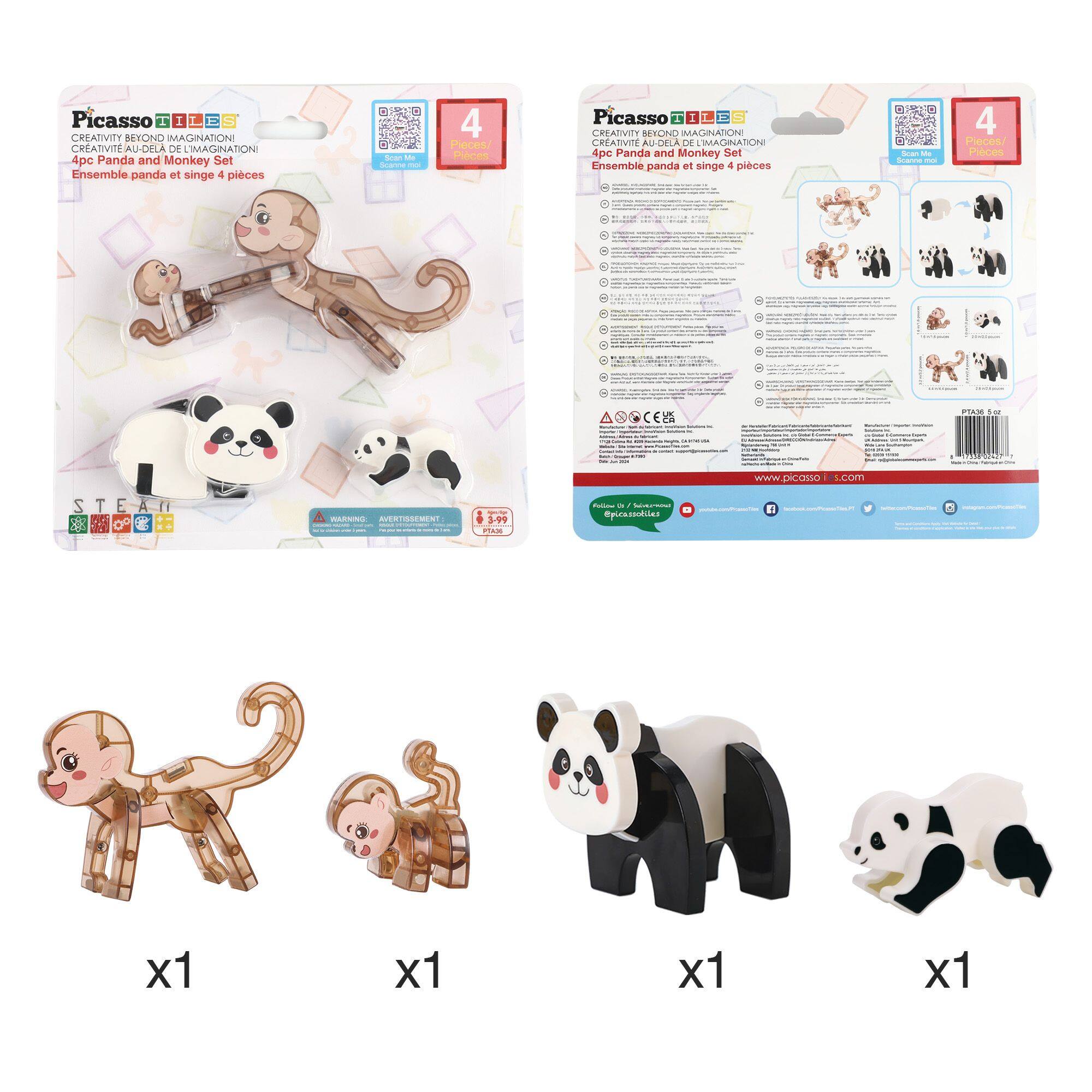 PicassoTiles PICASSO TILES 4PC Panda & Monkey Magnet Tiles, Educational ...