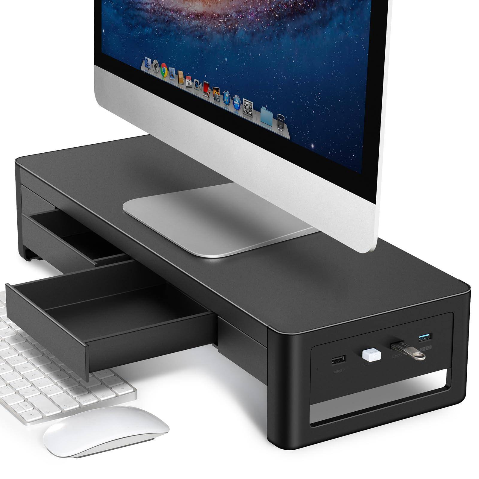 Cedar Assembly Dual Monitor Stand Riser With 2 Drawers 4 Usb Ports And ...