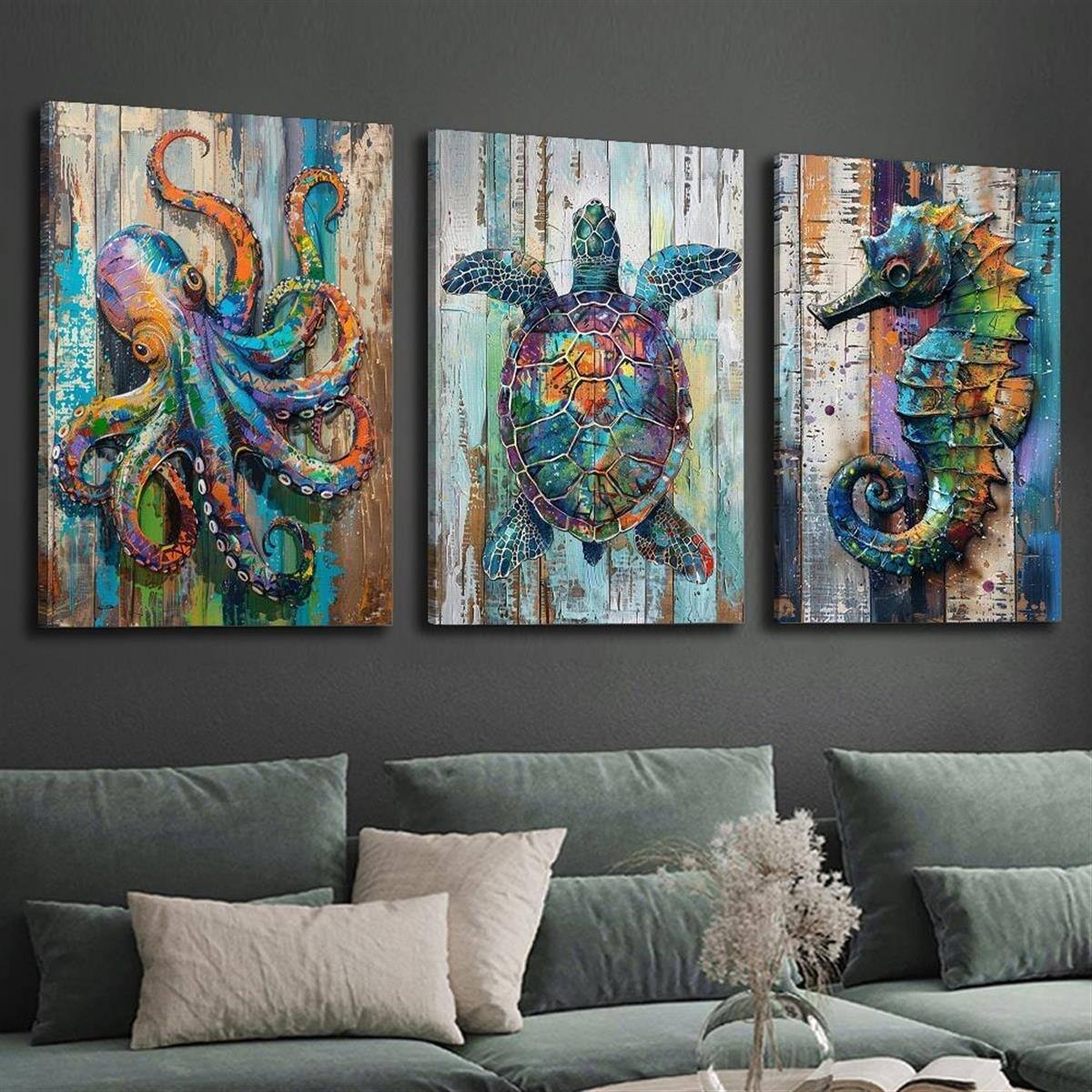 blue 3pcs Wood Frame Canvas Print Decorative Painting, Sea life octopus ...