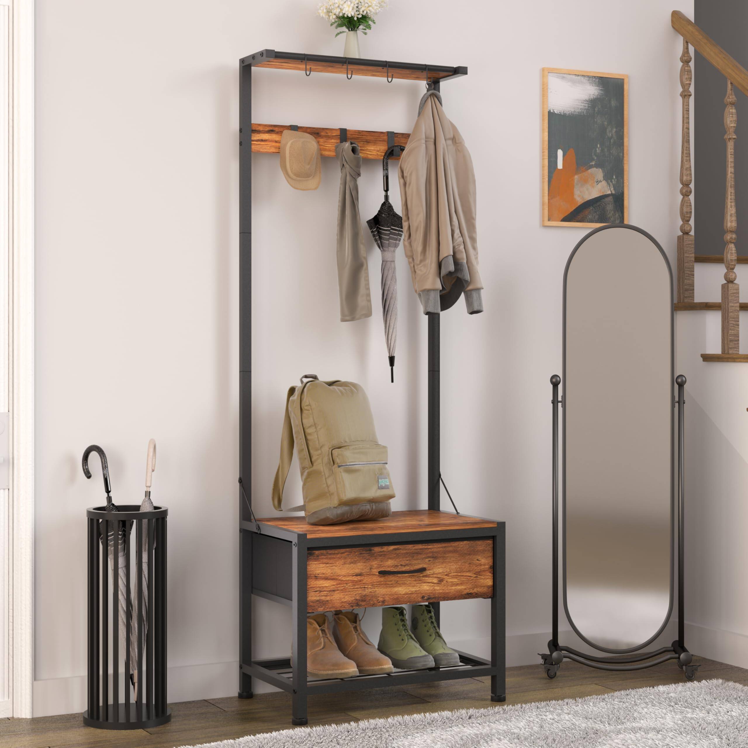 HM 1810 Hall Tree With Shoes Bench Small Coat Rack Fabirc Drawer And ...