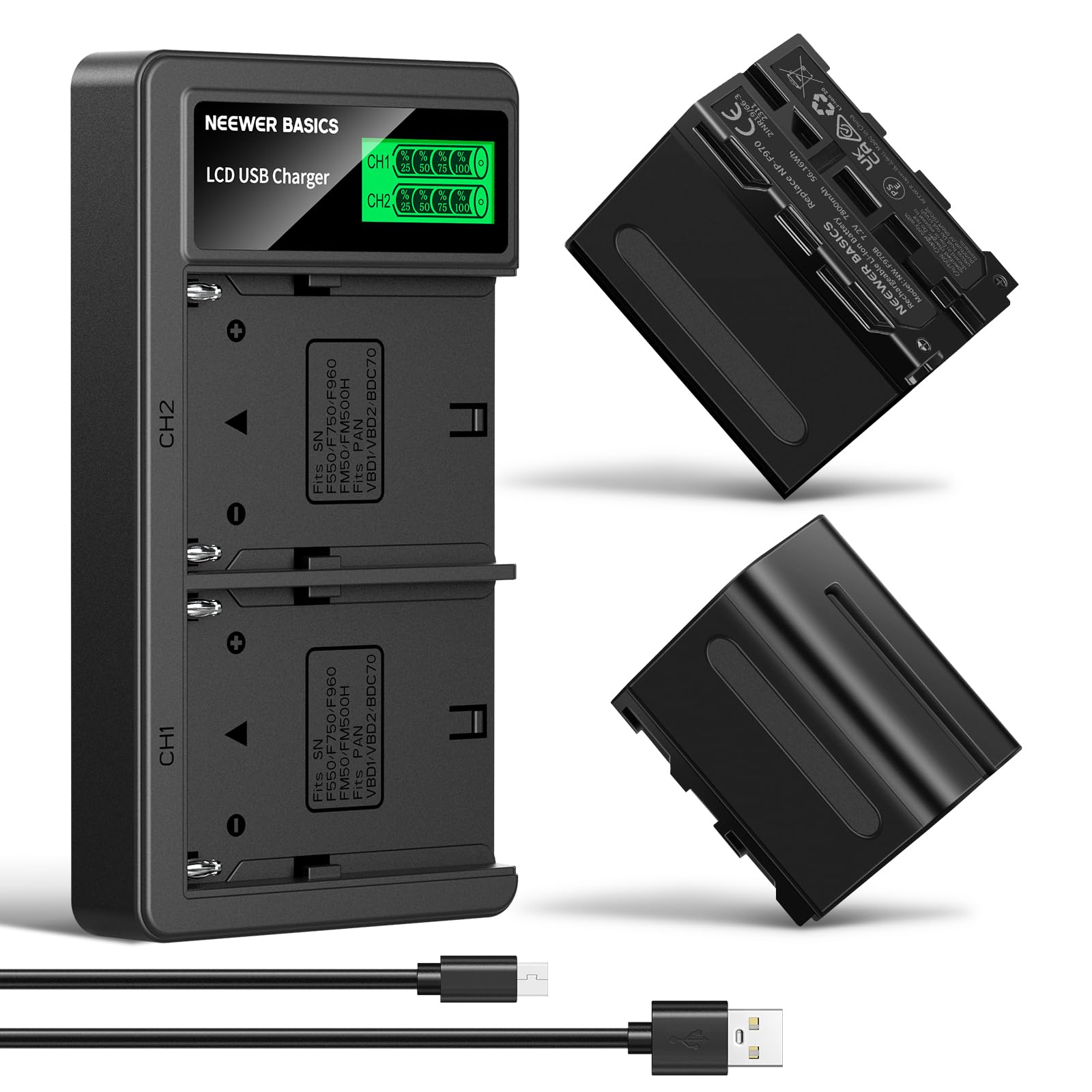 Neewer 2 Pack NP F970 Replacement Batteries with Dual USB Charger for ...