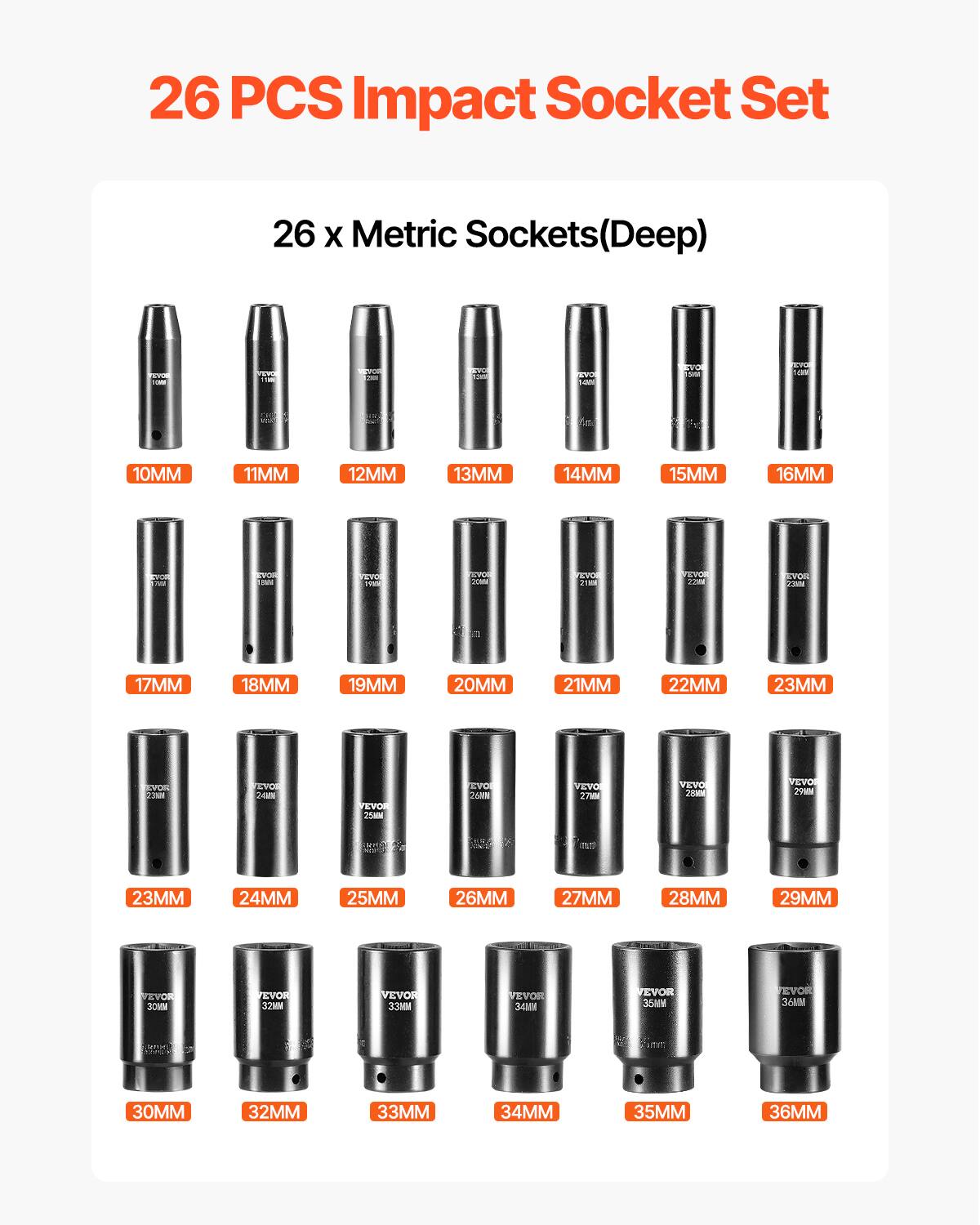 VEVOR Impact Socket Set, 1/2" 26 Piece Impact Sockets, 6 Point Sockets, 1/2 Inches Drive Socket ...