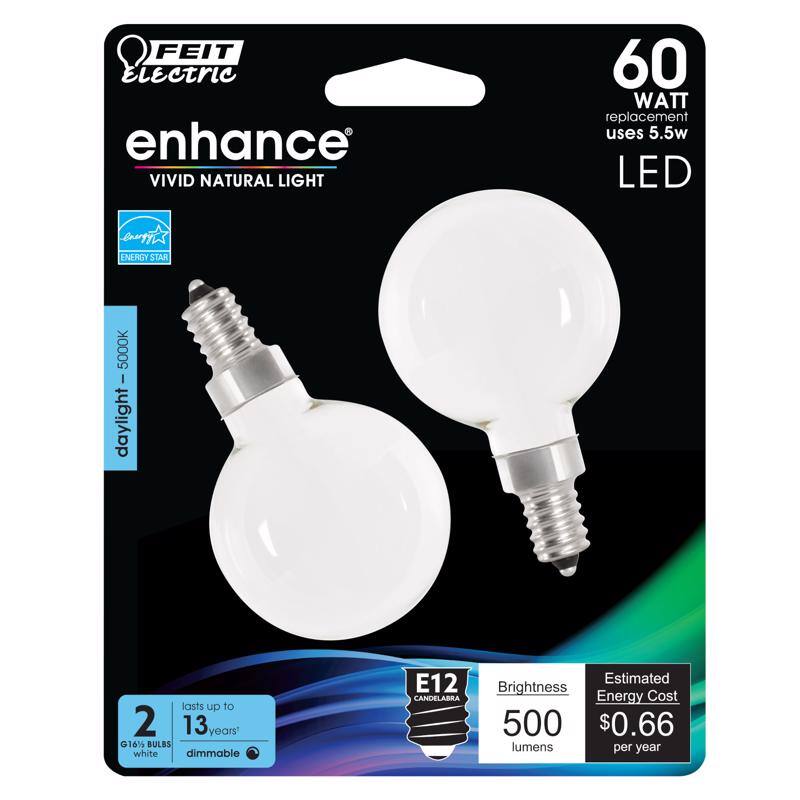 FEIT ELECTRIC Enhance G16.5 E12 (Candelabra) Filament LED Bulb Daylight 60 Watt Equivalence 2 pk ...