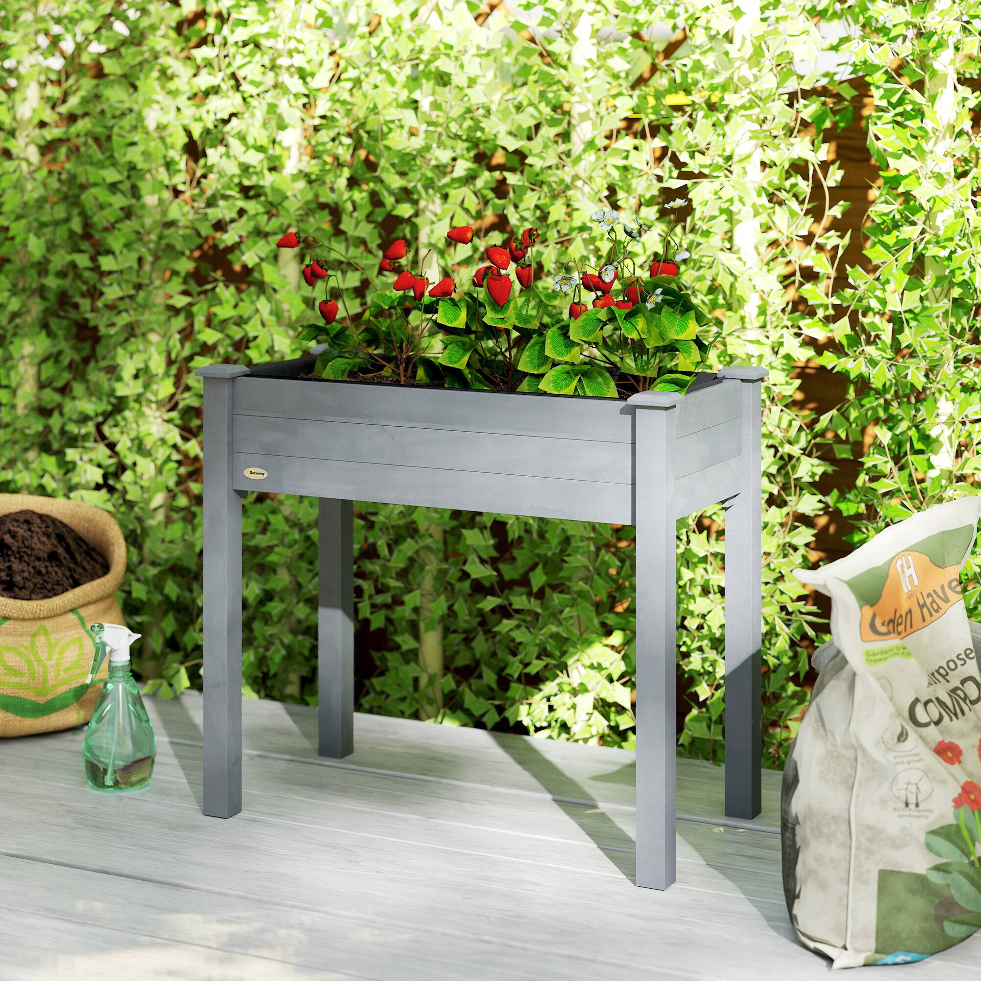 Outsunny Raised Garden Bed, Elevated Wooden Planter Box with Holes for ...
