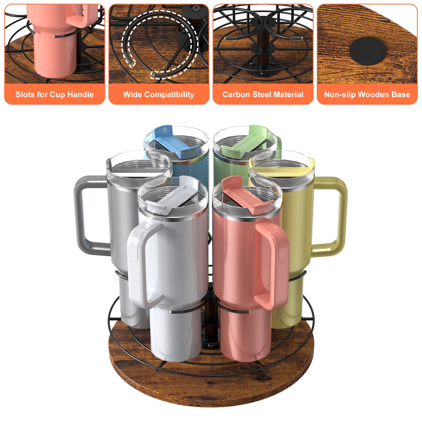 Oumilen Rotating Tumbler Cup Holder with Wooden Base, Black Carbon ...