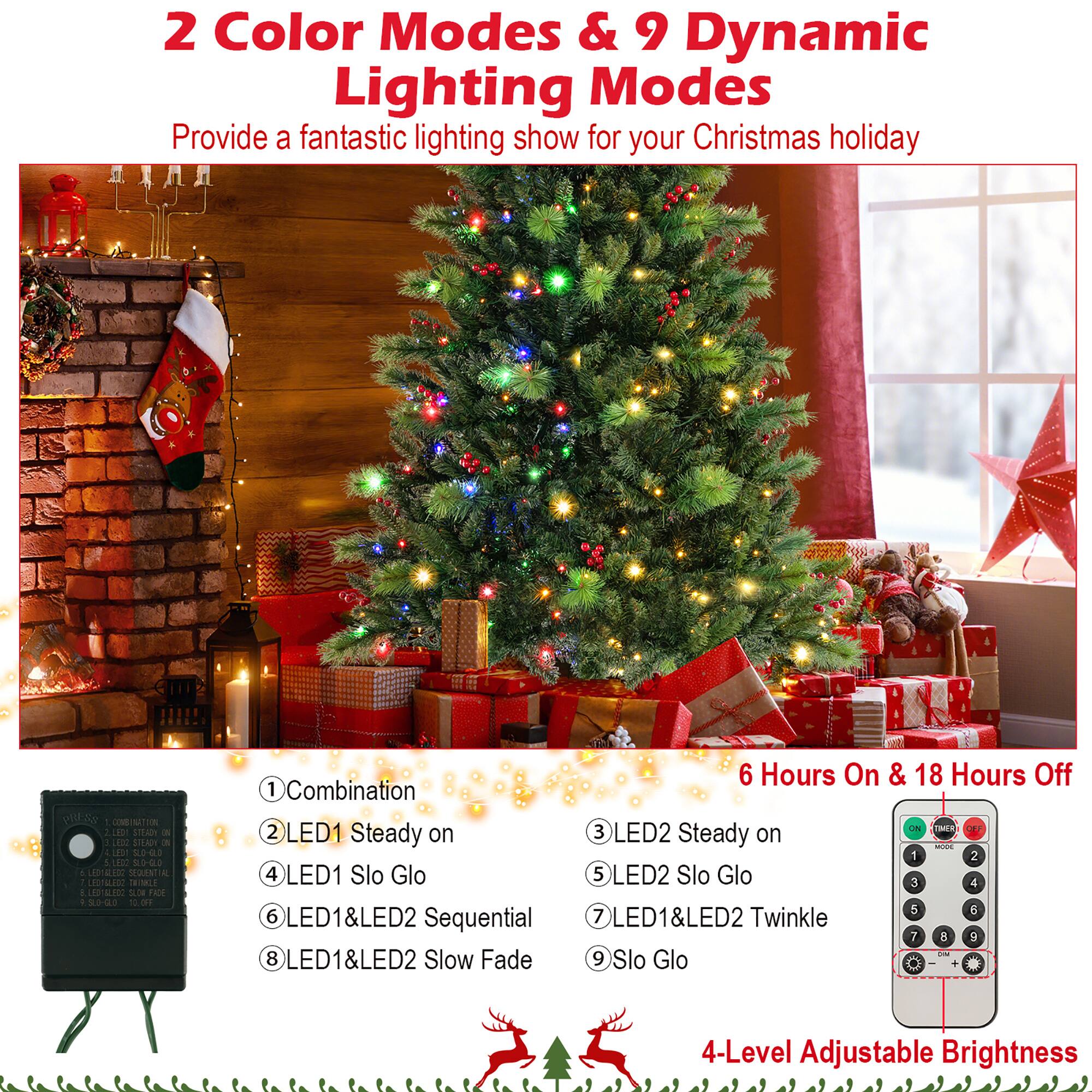 Gymax 7 FT Pre Lit Artificial Christmas Tree w/ 974 Branch Tips & 400 ...