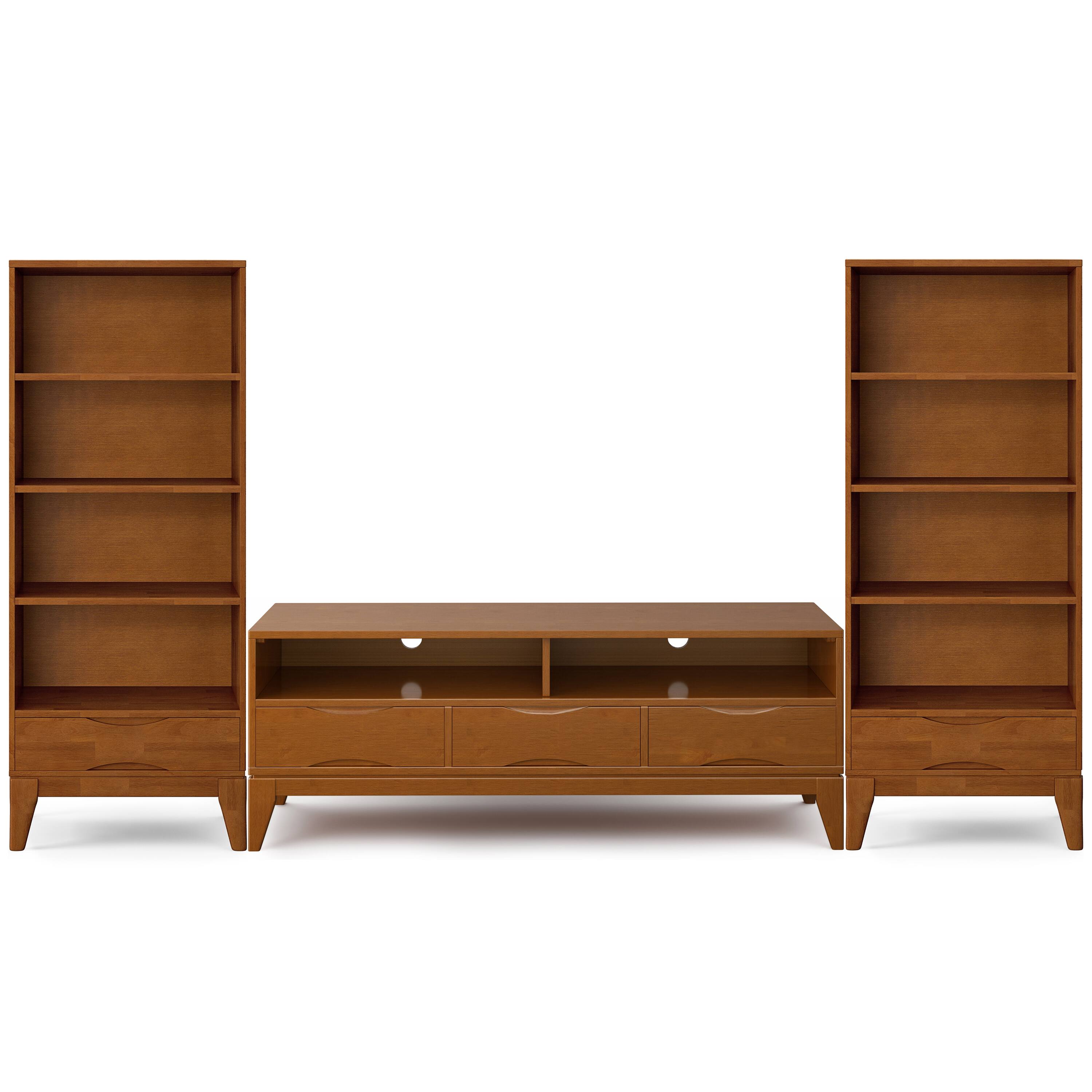 Simpli Home Harper 60 inch TV Stand with 24 inch Bookcases (Set of 3) Teak Brown HAMED001TK ...