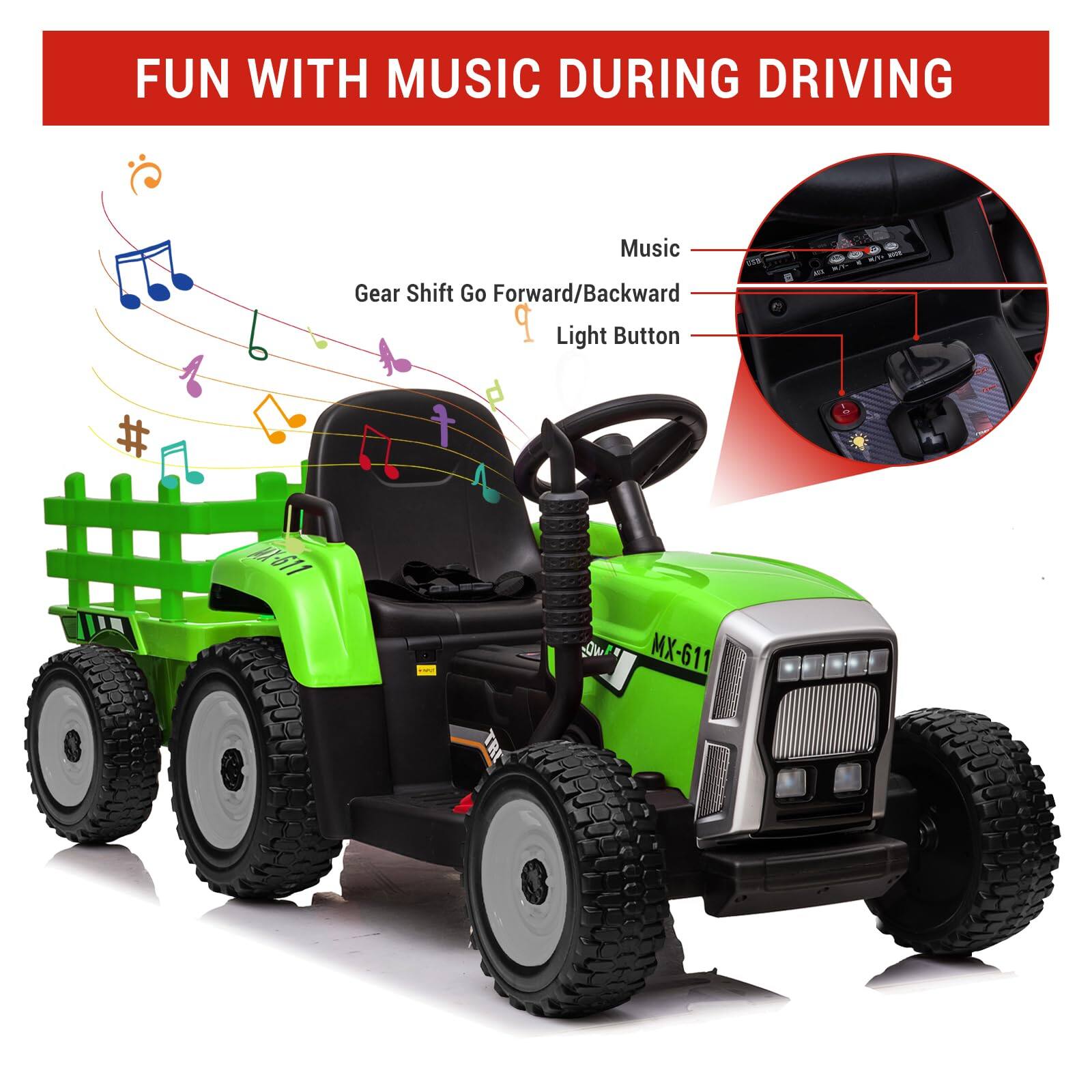 Qeetex 12V Kids Ride On Tractor with Trailer & Remote Control,Toddler ...