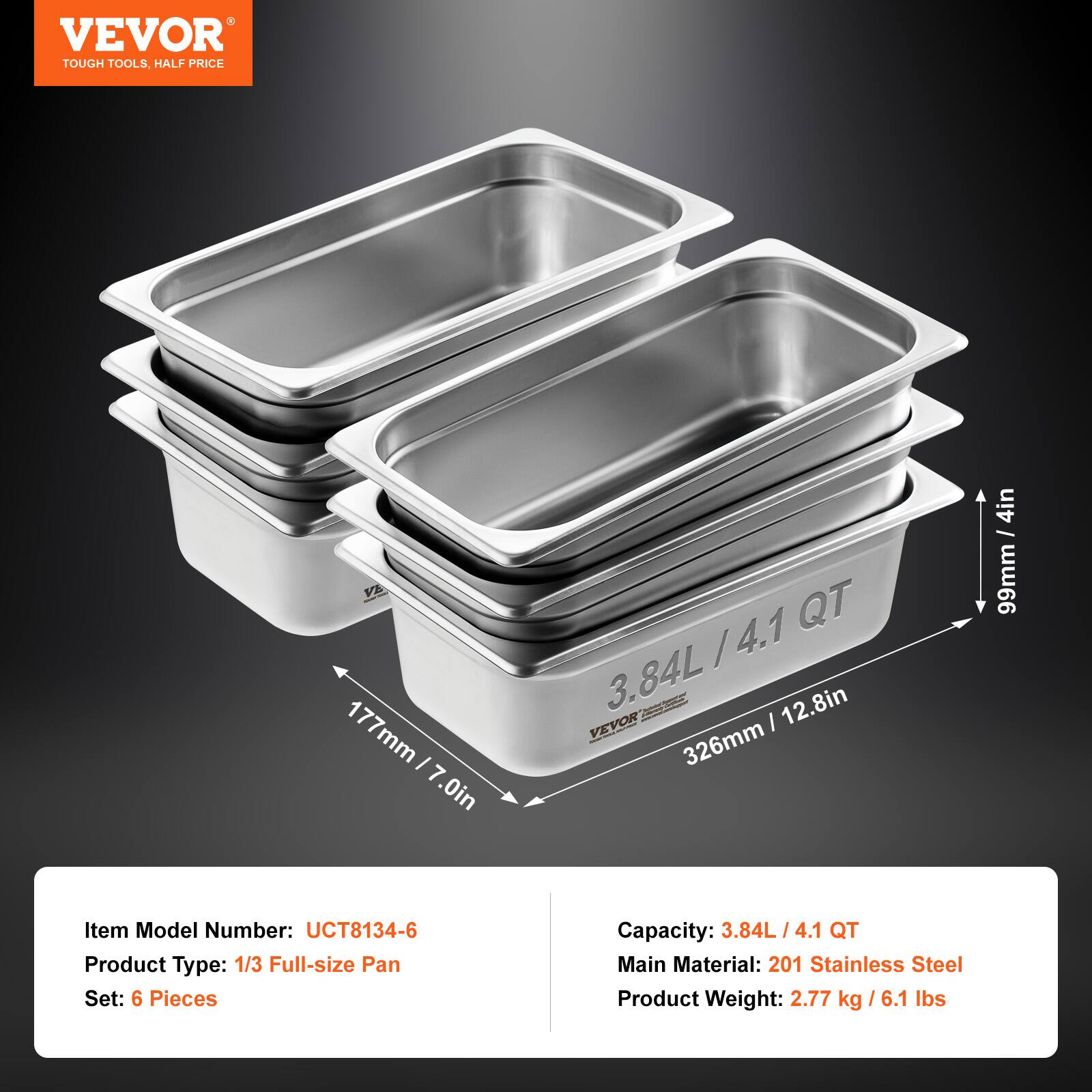 VEVOR 6 Pack Hotel Pans, 1/3 Size Anti Jam Steam Pan, 0.8mm Thick ...
