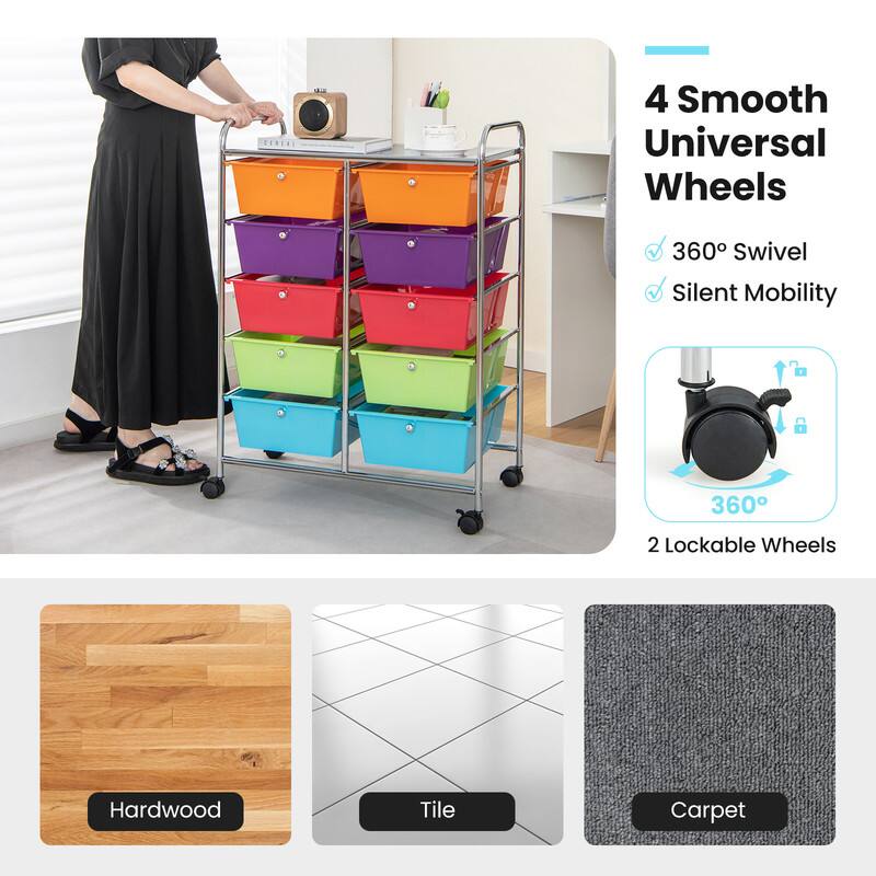 WELLFOR 10 Drawer Utility Rolling Storage Cart with Metal Tabletop ...