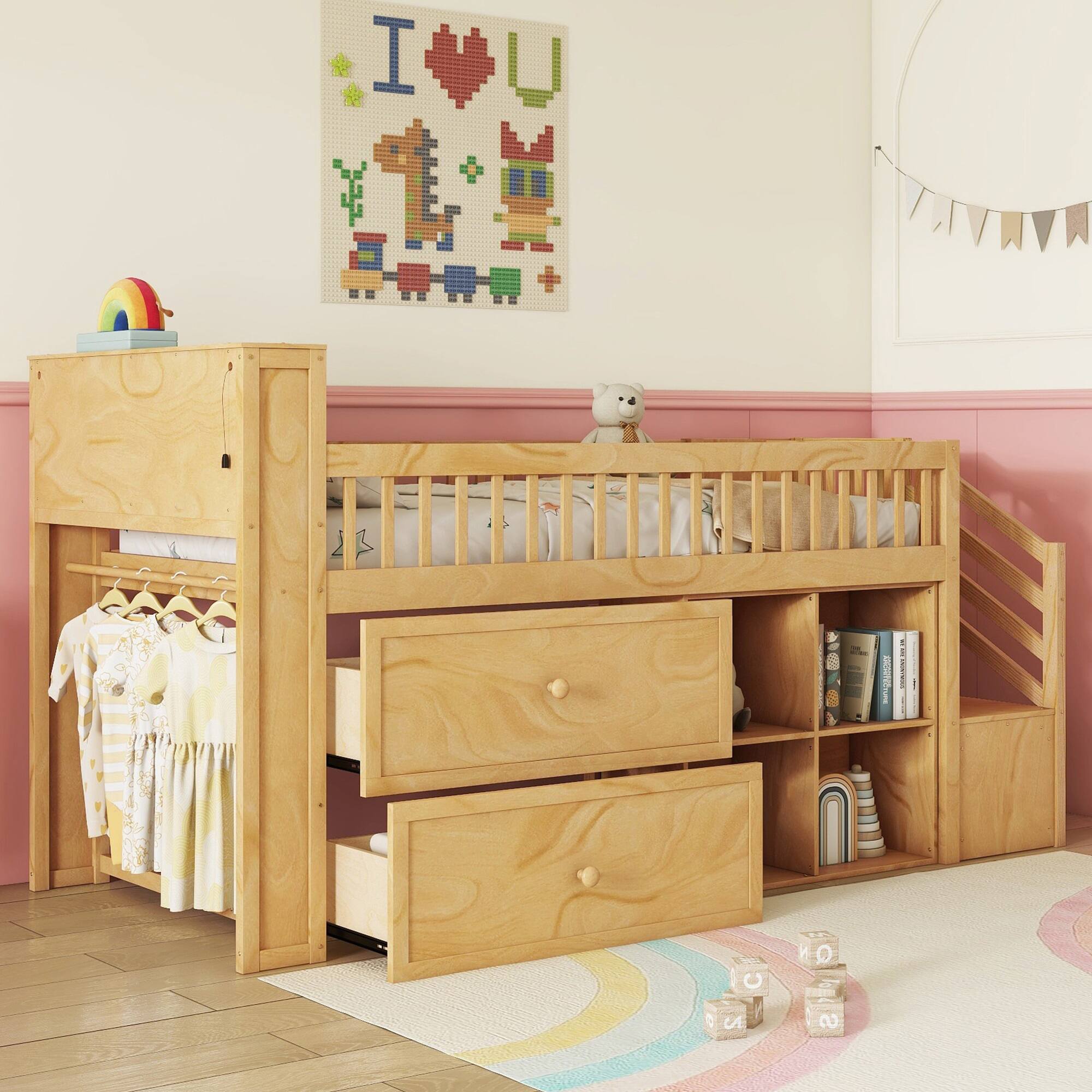 APRILSOUL Twin Size Loft Bed with LED and Bookshelf Wood Low Loft Bed ...