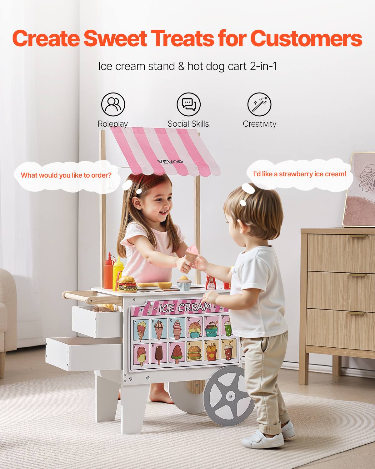 VEVOR Ice Cream Cart for Kids, 20+ PCS Accessories, Pretend Play Ice ...