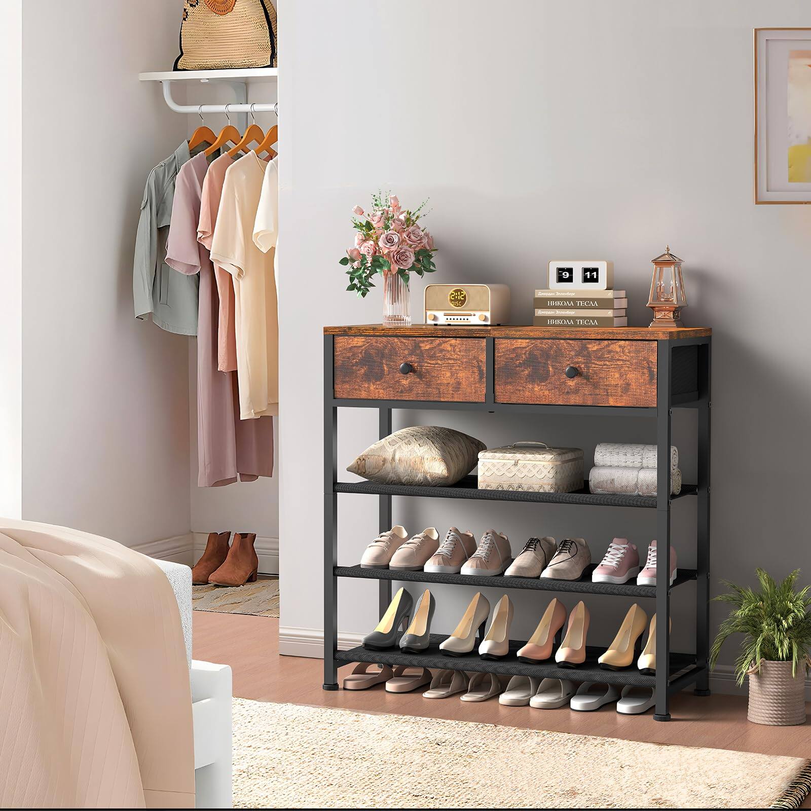 Hanke Shoe Rack Storage Organizer With 2 Drawers Metal Shelf For 9 Of ...