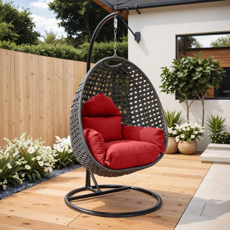 LeisureMod Charcoal Wicker Outdoor Egg Swing Chair with Steel Stand UV ...