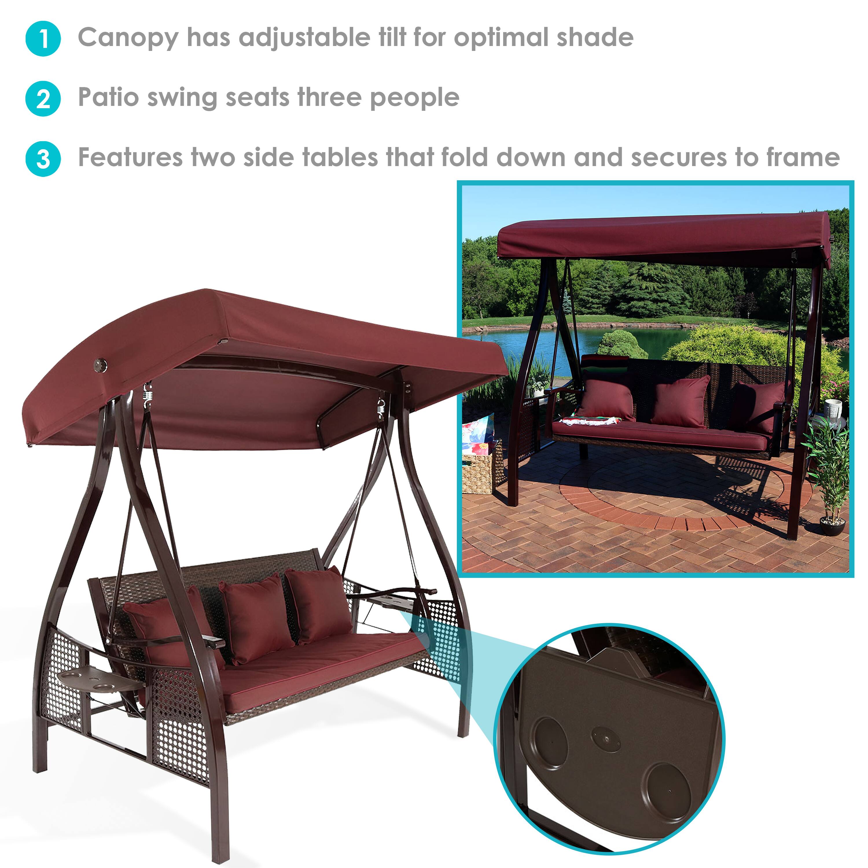 Sunnydaze 3 Person Steel Patio Swing Bench with Side Tables/Canopy ...
