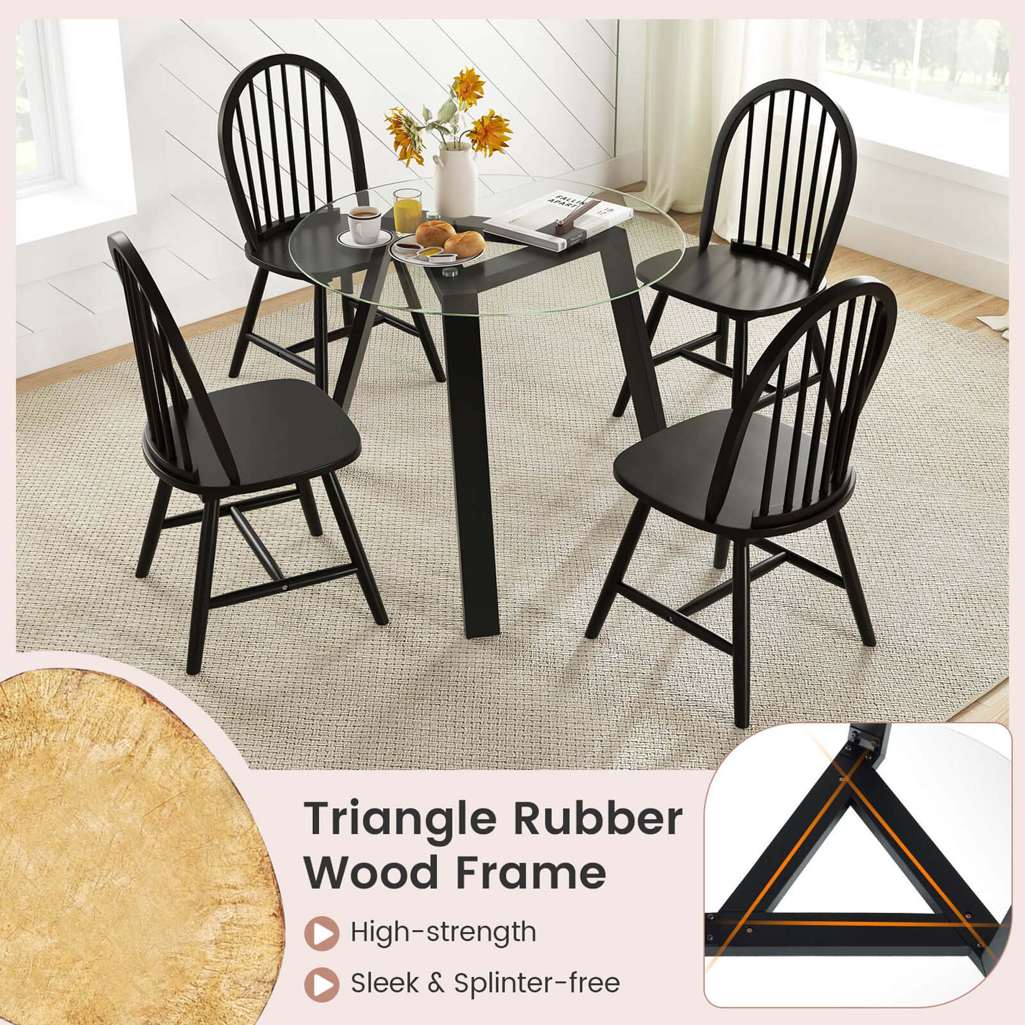 Costway 3 PCS Dining Set for 2 Round Table with 2 Chairs Solid Rubber ...