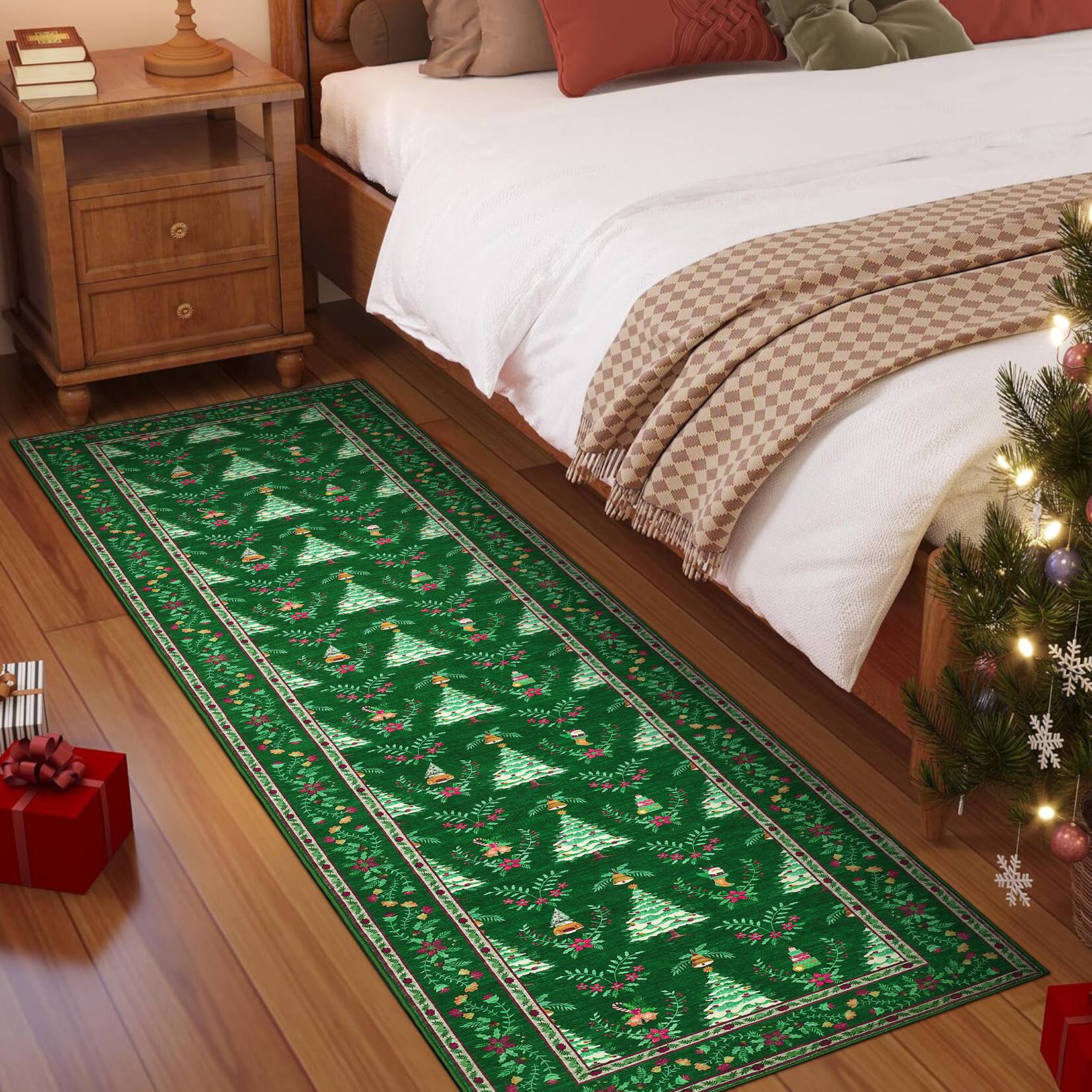 Jojoka 2x6 ft Christmas Runner Rug, Red Polyester, Christmas Tree Print ...