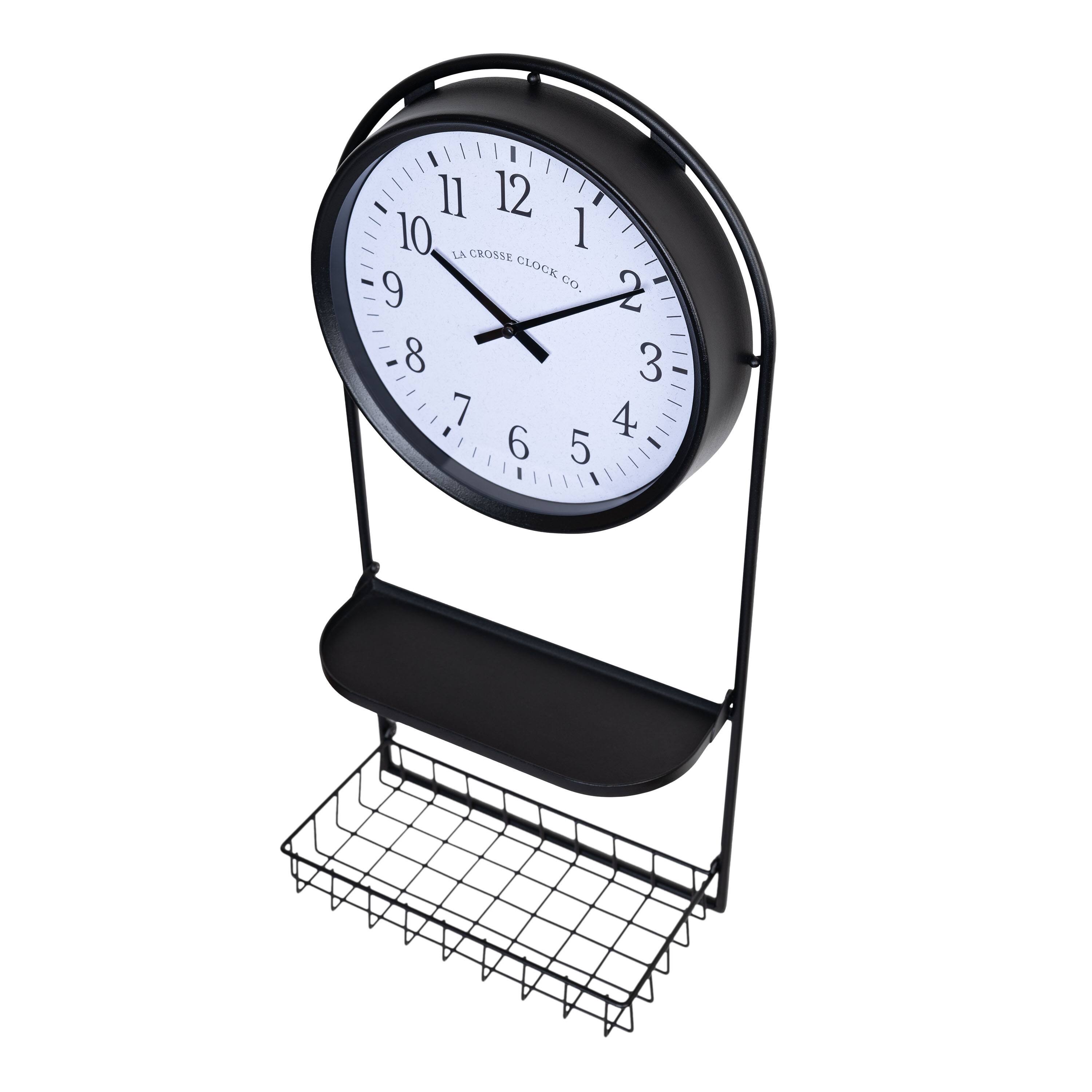 La Crosse Clock Co. Depot Metal Wall Clock with Basket and Shelf Black ...