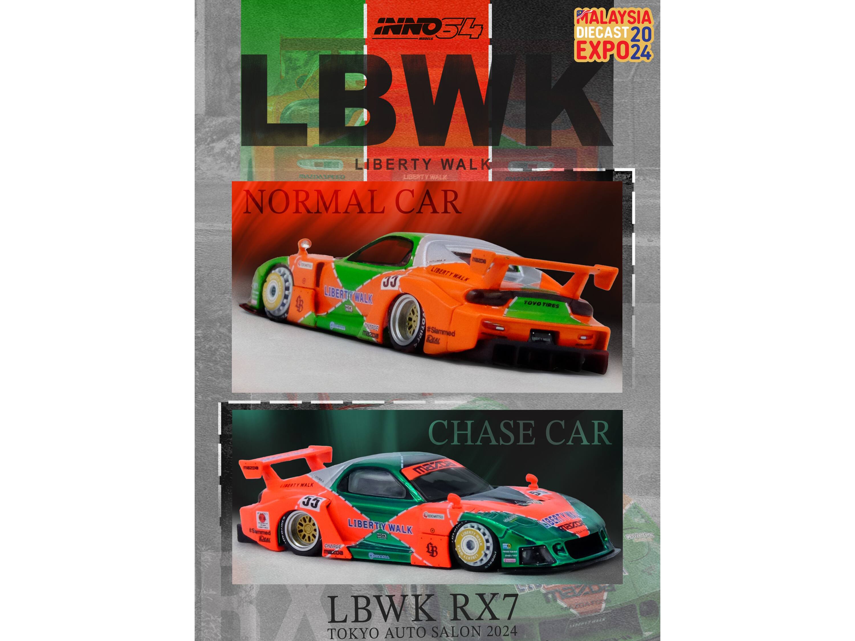 Inno Models Mazda RX7 FD3S LB Super Silhouette RHD #55 Green Orange Graphics Tokyo Auto Salon ...