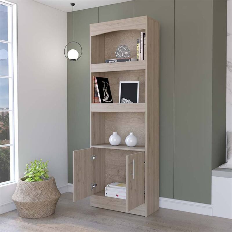 HTUTWOO Bookcase with Three Shelves & Double Door Cabinet Particle ...