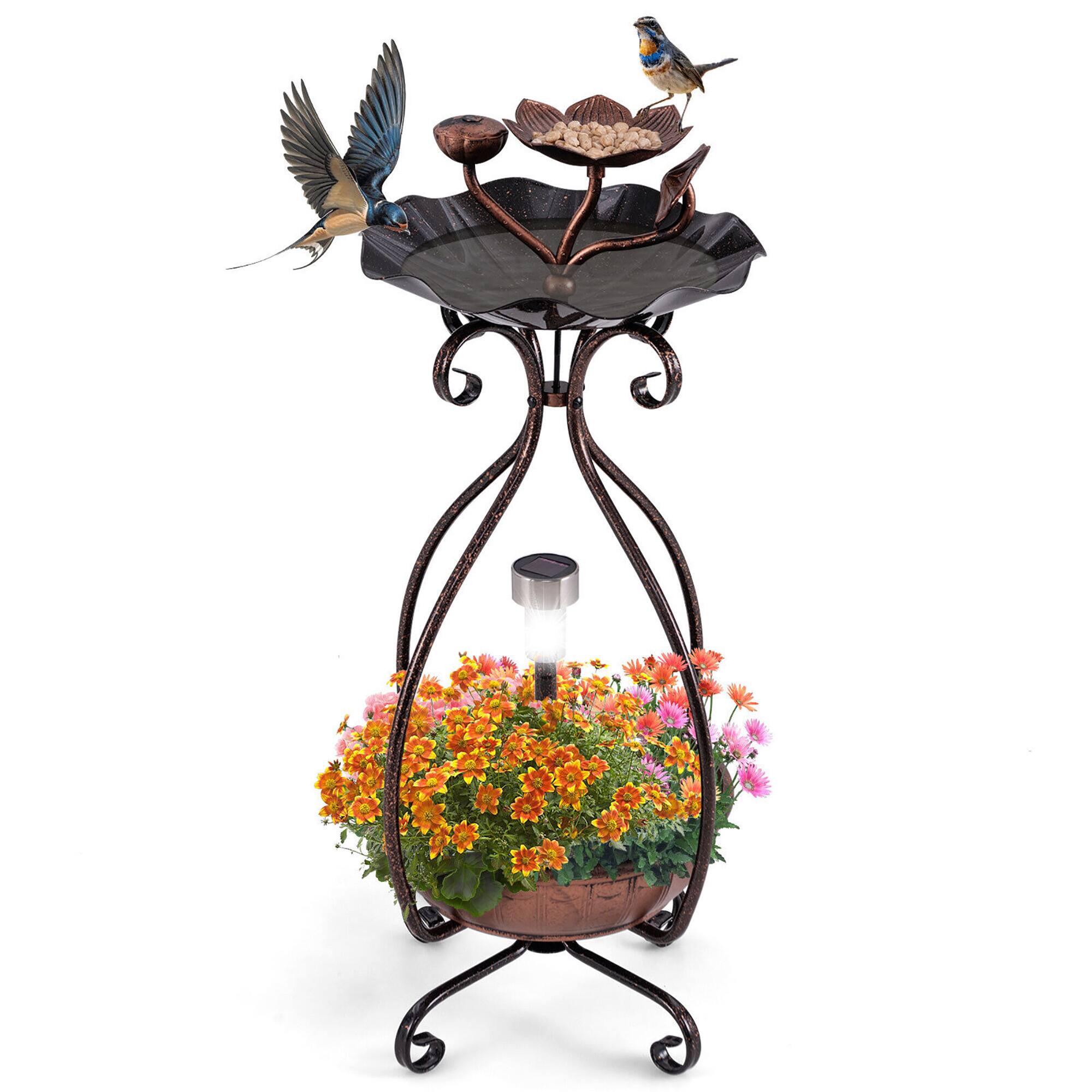 Gymax Solar Outdoor Bird Bath & Feeder Combo w/ Flower Planter Pedestal ...