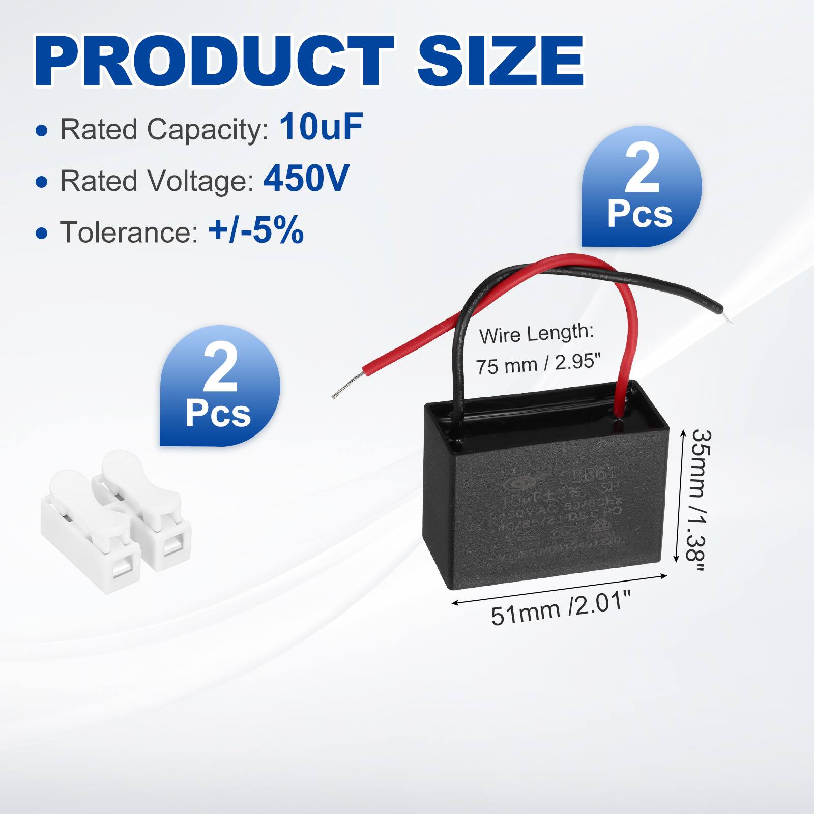 Unique Bargains 2pcs 10uF CBB61 Ceiling Fan Capacitor, AC 450V 2 Wires ...