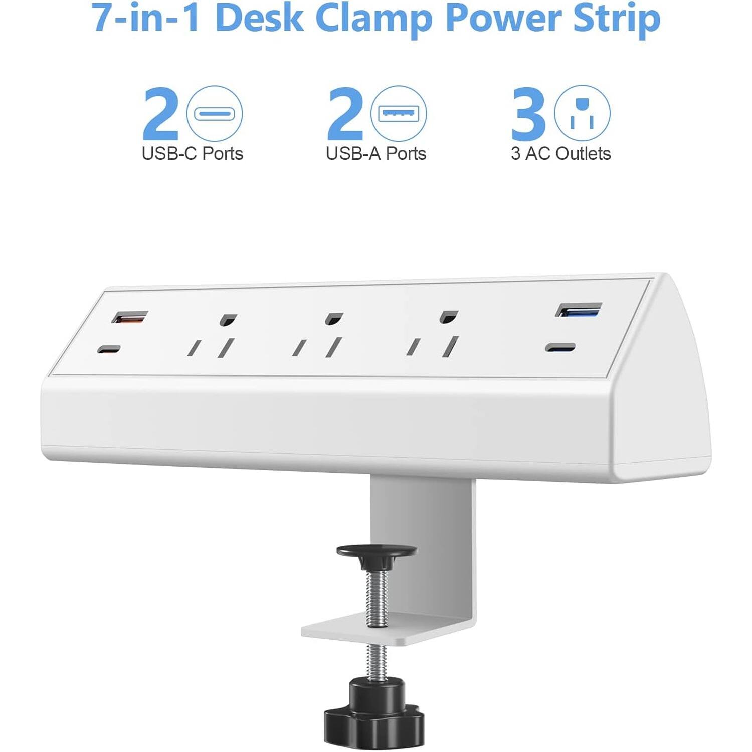 PARKER SLATER Desk Clamp Power Strip with 3 Outlets, 4 USB (45W & 20W ...