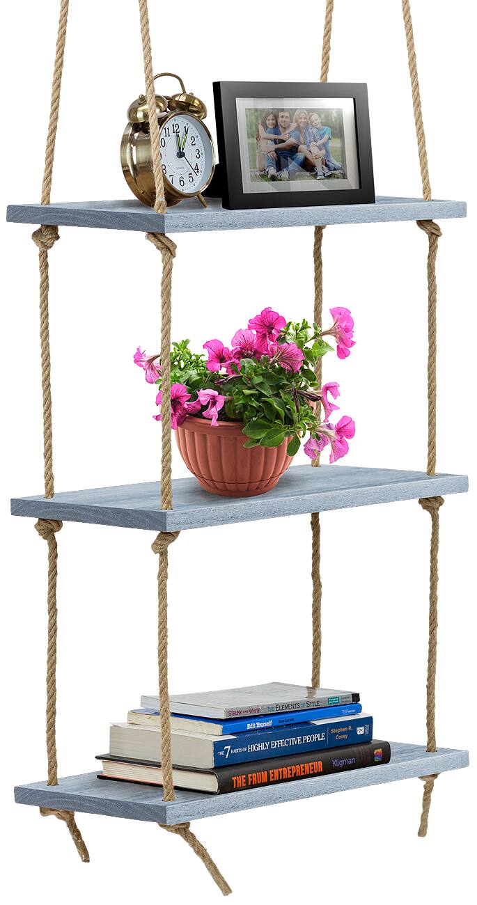 Sorbus Wood Hanging Shelf 3 Tier Rustic Wood Swing Storage Shelves Rope ...