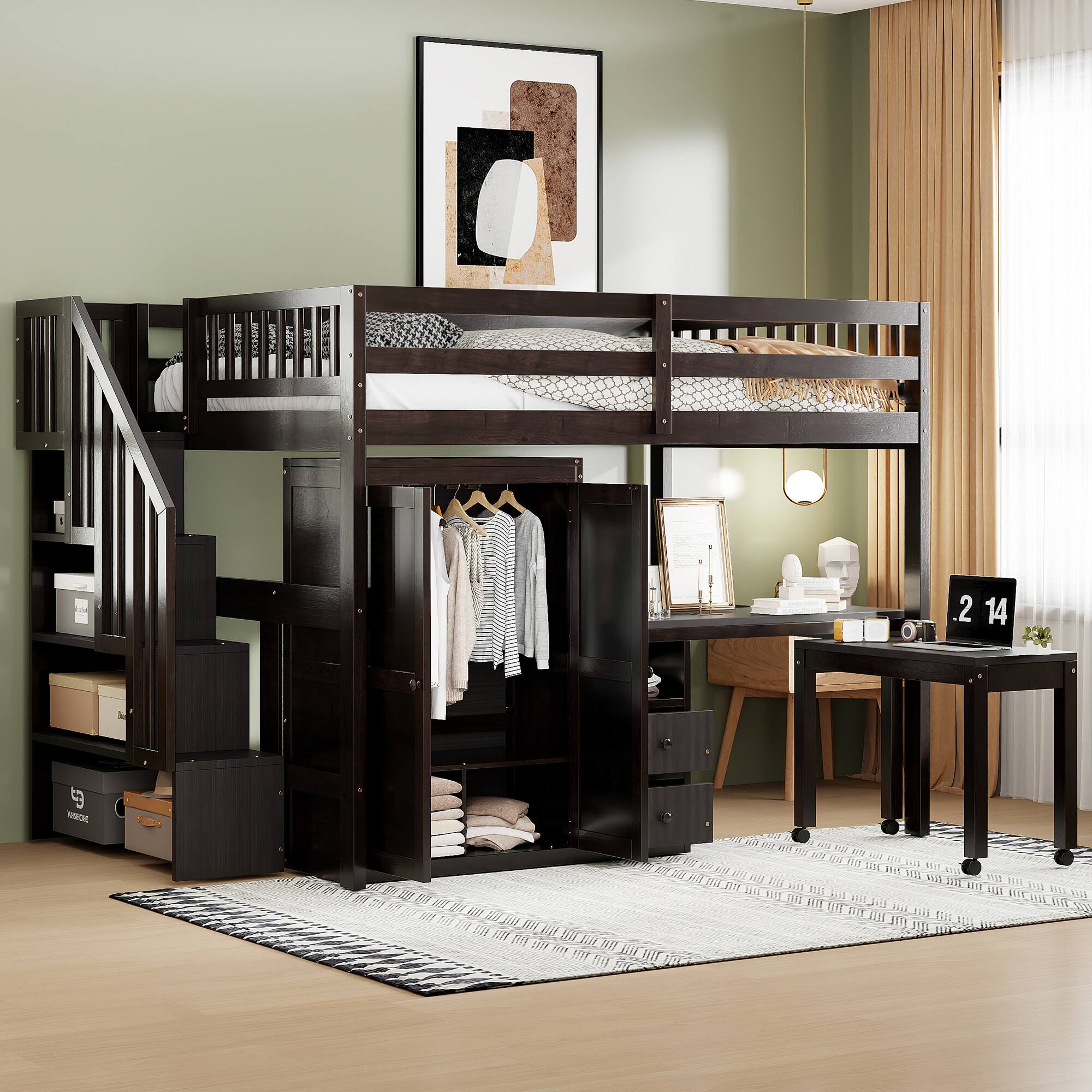 Tiramisubest Full Size Loft Bed with Furniture Espresso, Solid Wood+MDF ...