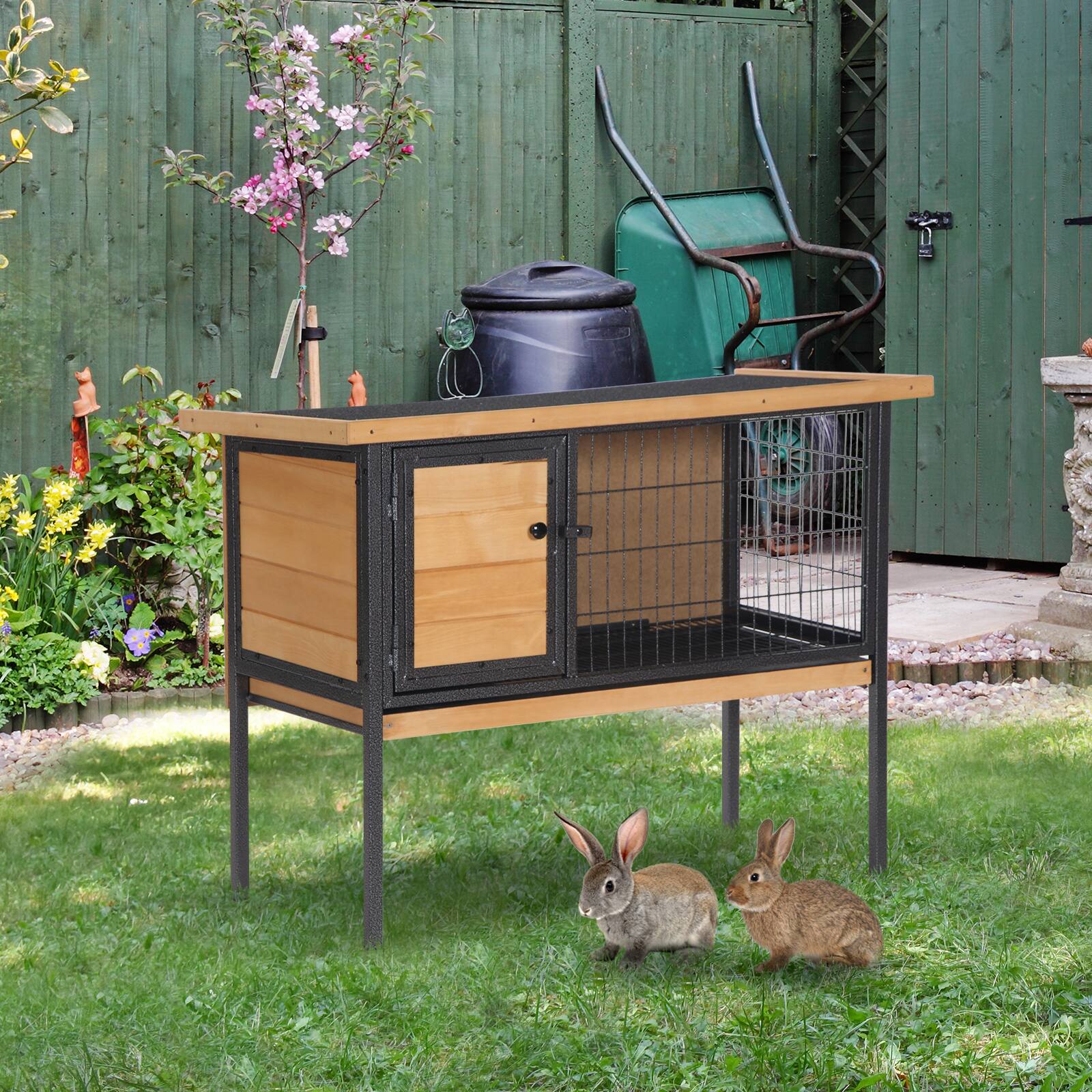 Pawhut Rabbit Hutch Elevated Bunny Cage Small Animal Habitat with Metal ...