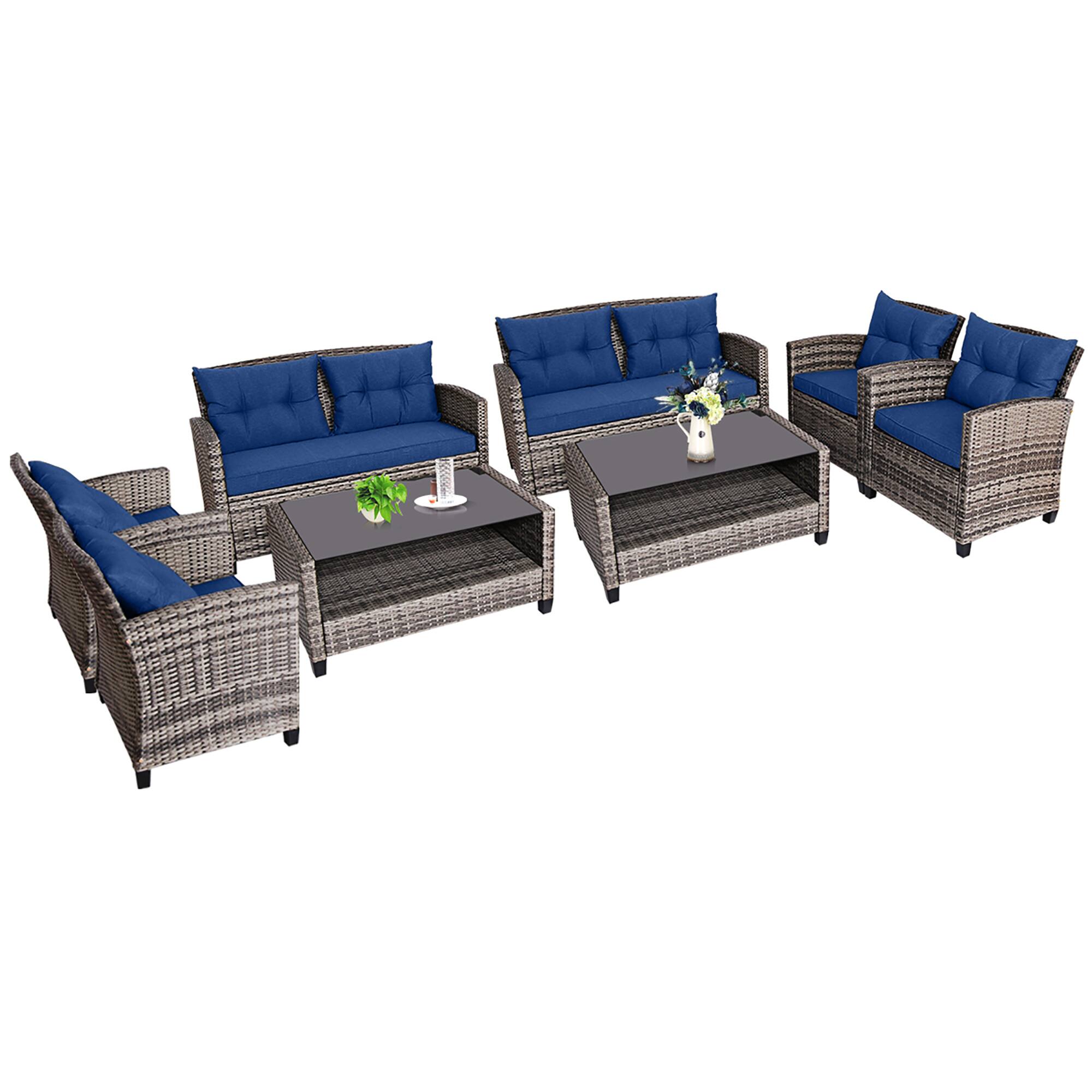 Gymax 8 PCS Patio Rattan Furniture Set Coffee Table Cushioned Sofa ...