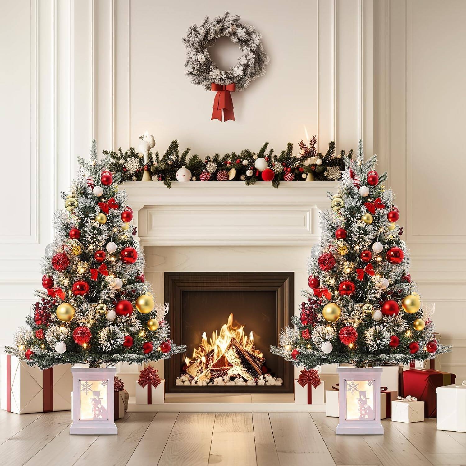 Jojoka 3ft Snow Flocked Pre Lit Christmas Tree with 78 LED Lights, 8 ...