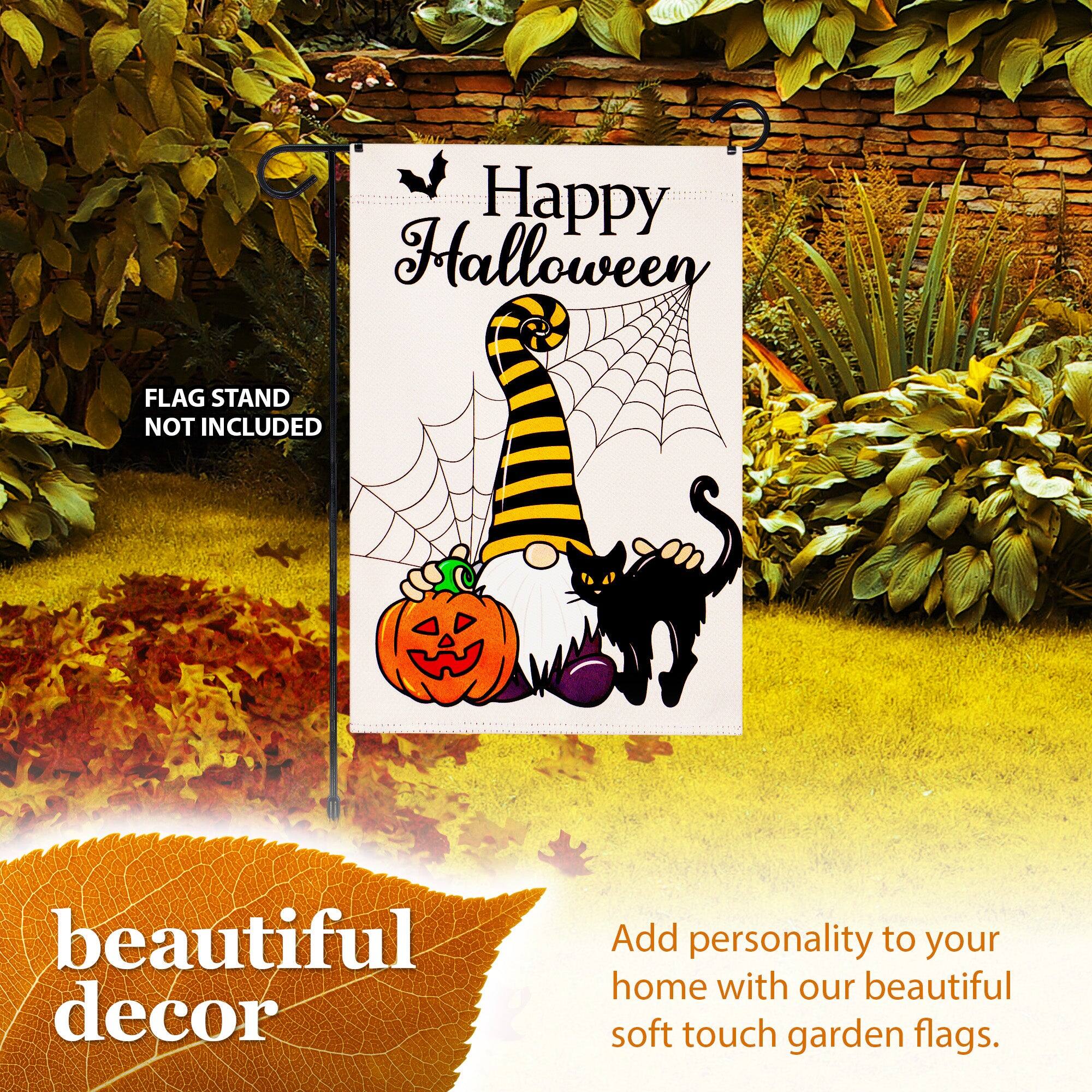 G128 Garden Flag Happy Halloween Gnome with Pumpkin and Black Cat 12 x ...