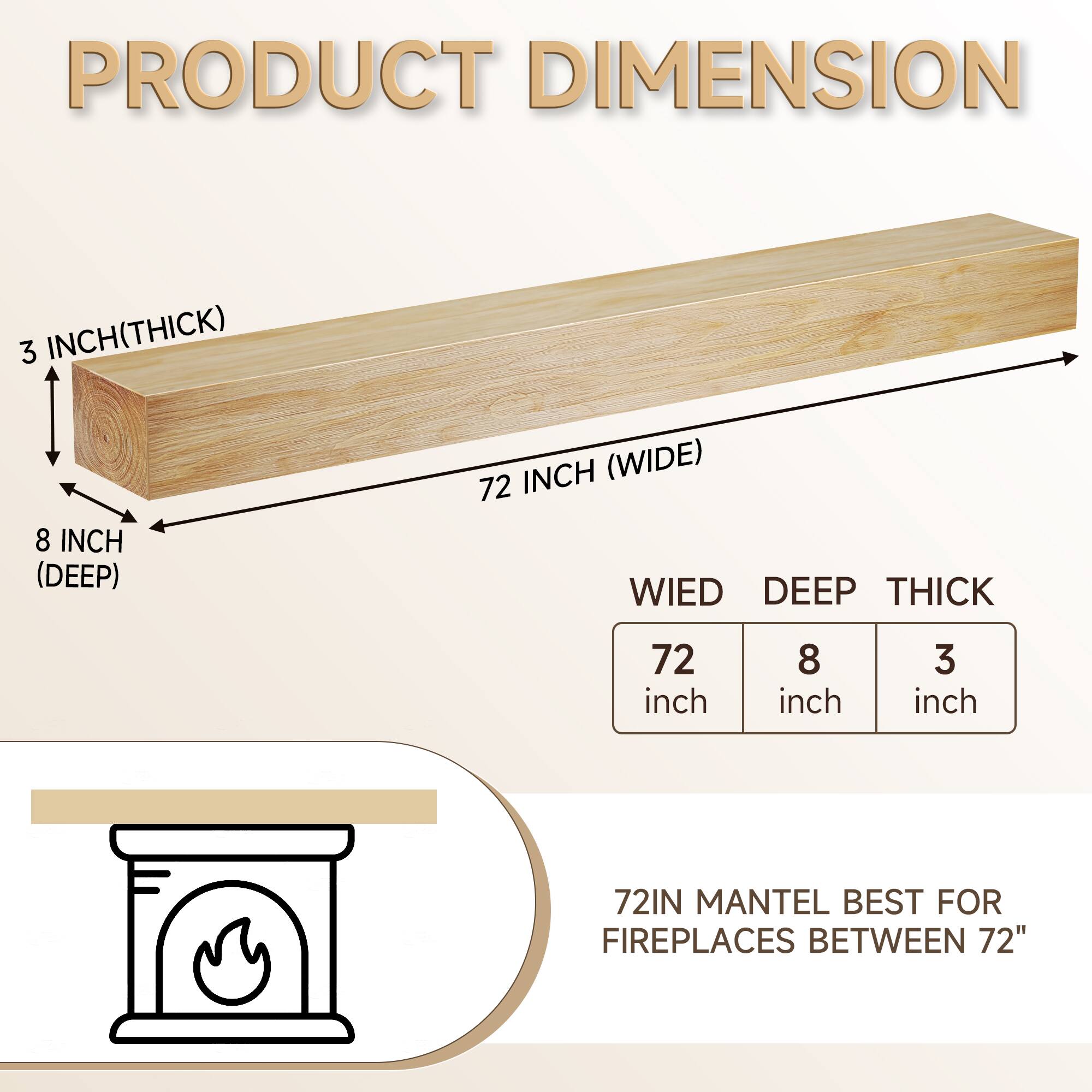 LOVMOR 72"W x 8"D x 3"H Wall Mounted Wood Floating Fireplace Shelves ...