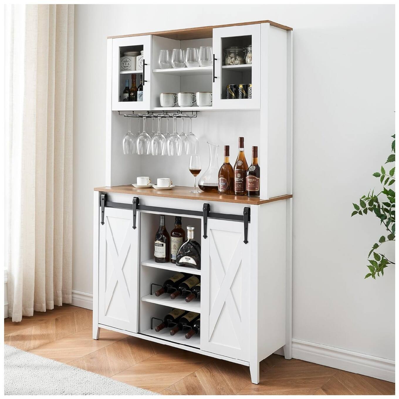 GARVEE Farmhouse Wine and Coffee Bar Cabinet with Hutch, Tall Kitchen ...