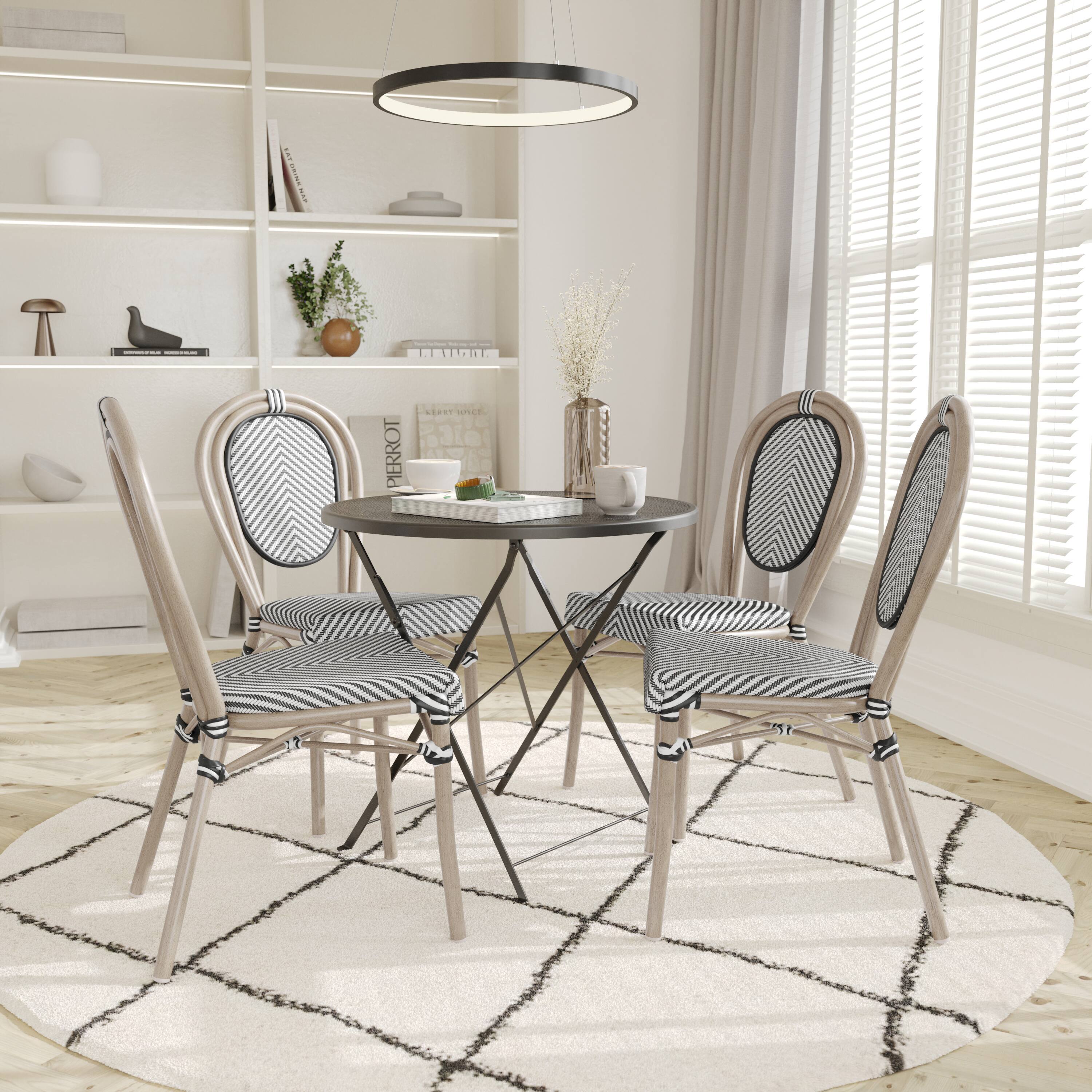 Emma + Oliver 4 Pack Stacking Bistro Chair with Bamboo Print Metal ...