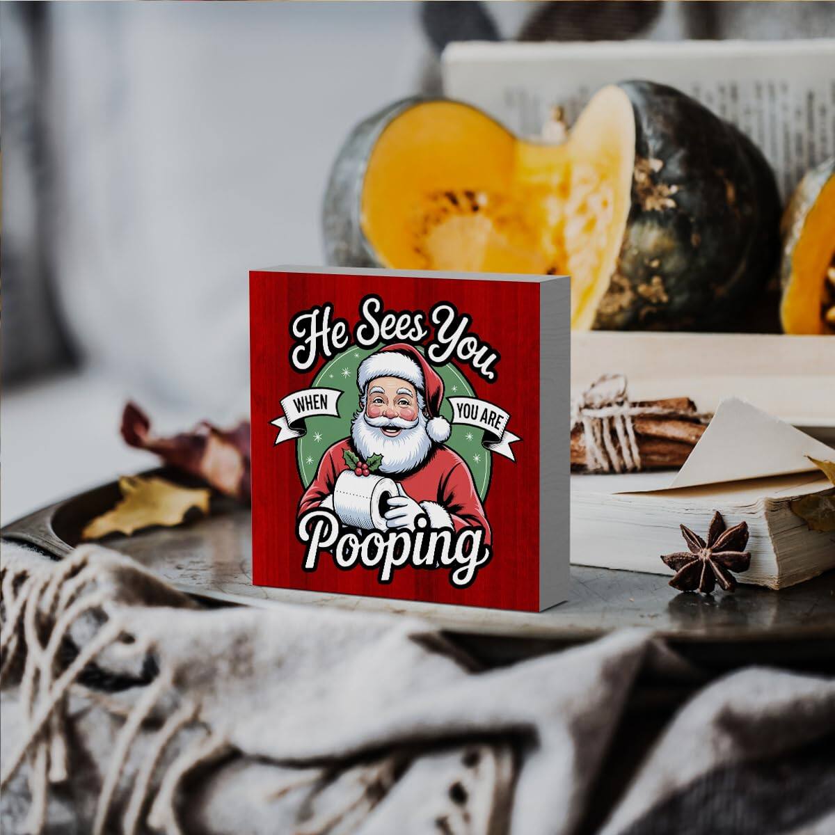 Paradigms Interiors Funny Bathroom Christmas Decor He Sees You When ...