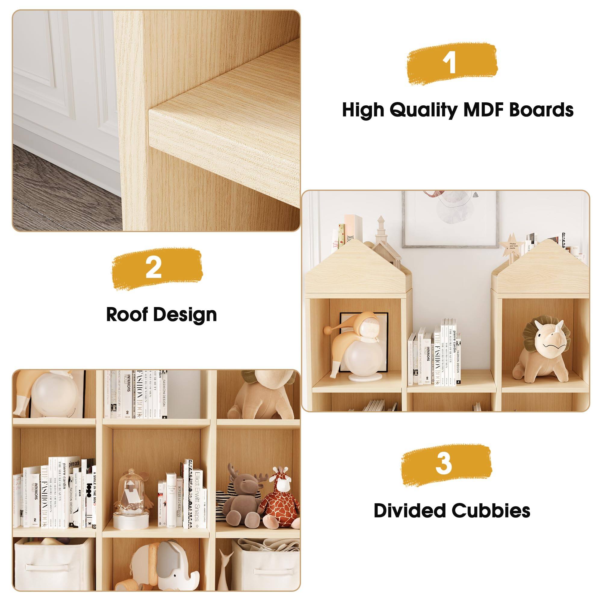 Qeetex 8 Cubby Kids Toy Storage Organizer, Wooden Bookshelf with Roof ...