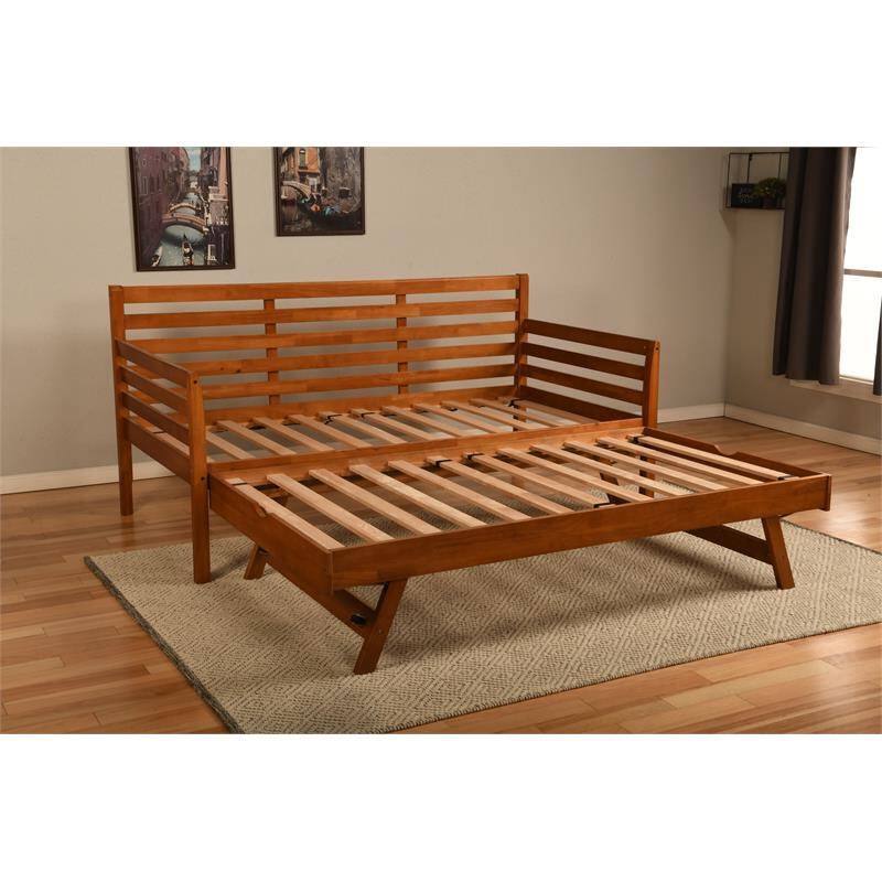 Hivvago Solid Wood Day Bed Frame with Pull out Pop Up Trundle Bed Brown ...