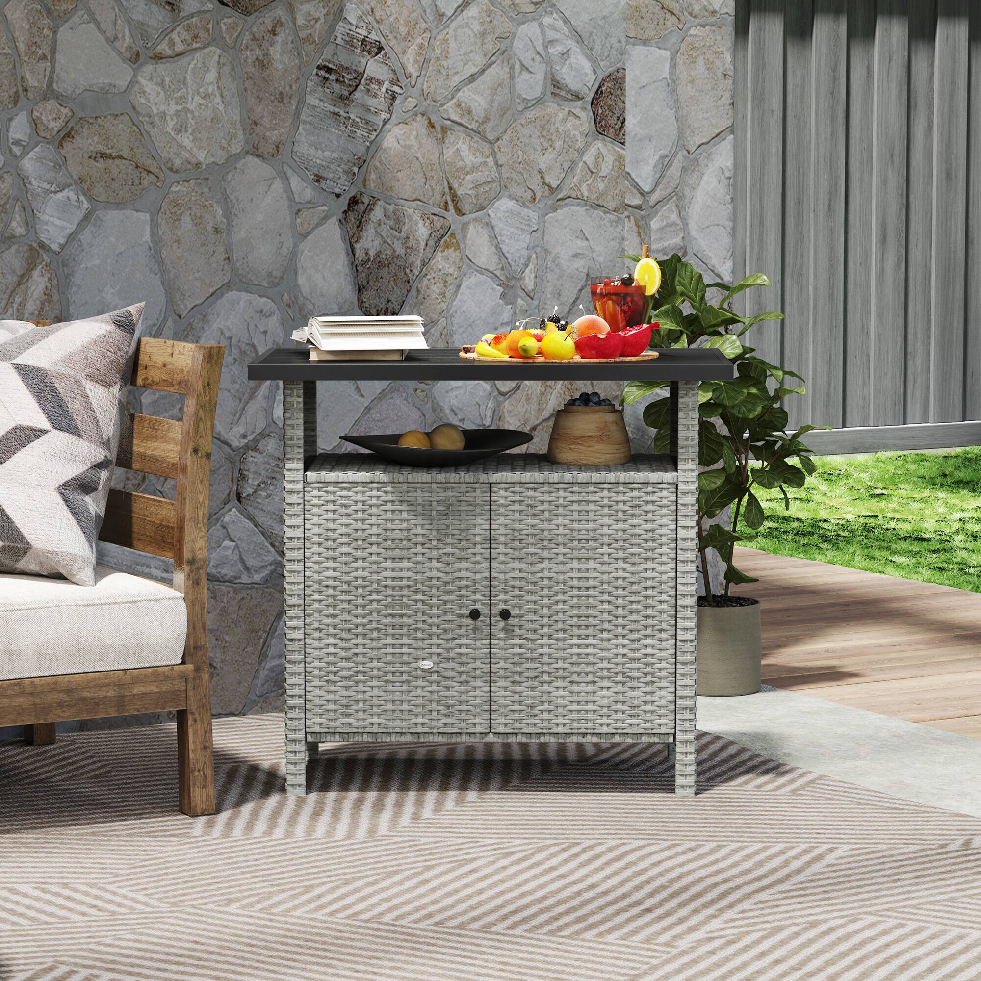 Outsunny Wicker Outdoor Storage Cabinet, Rattan Outdoor Bar Table with ...