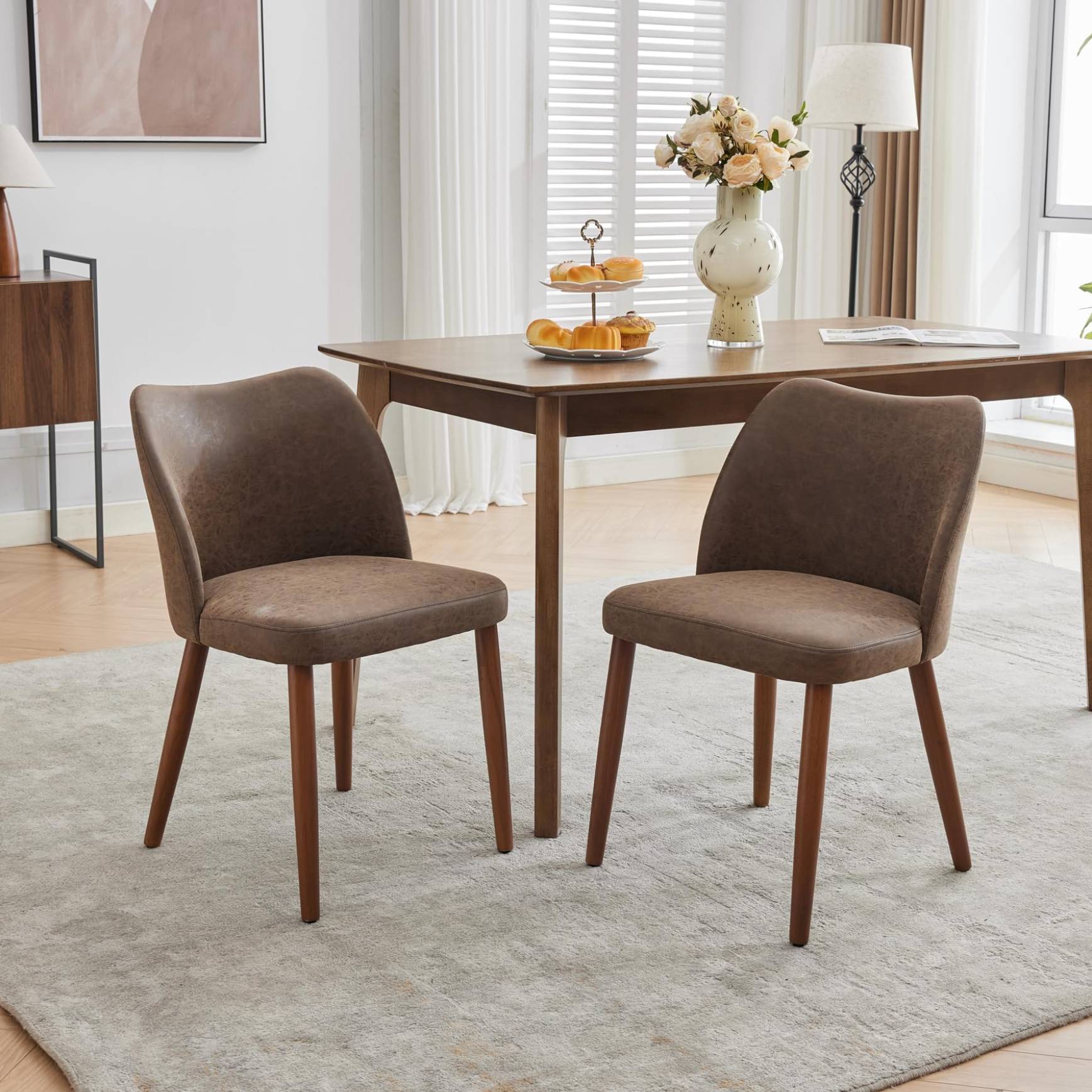 Jojoka Dining Chair Set of 2, Leather Upholstered Side Chair with Wood Legs, Wing Backrest Taupe ...