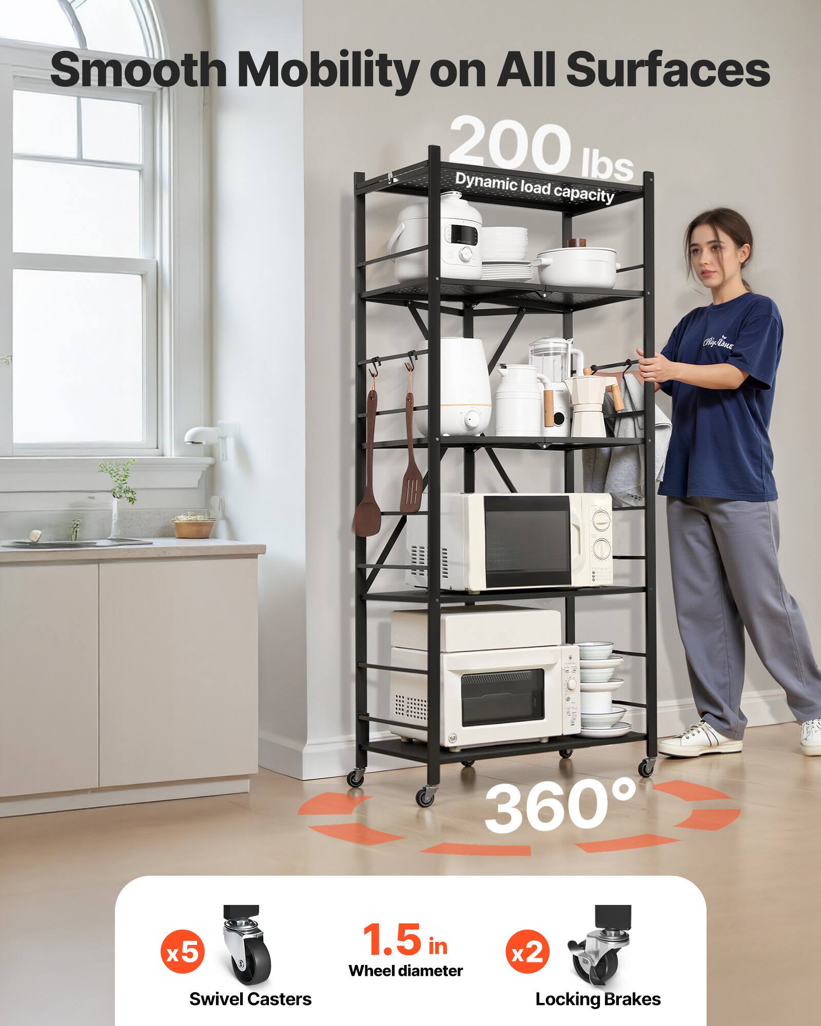 VEVOR 5 Tier Foldable Storage Shelf, 28Wx15Dx64H Inch Folding Metal ...
