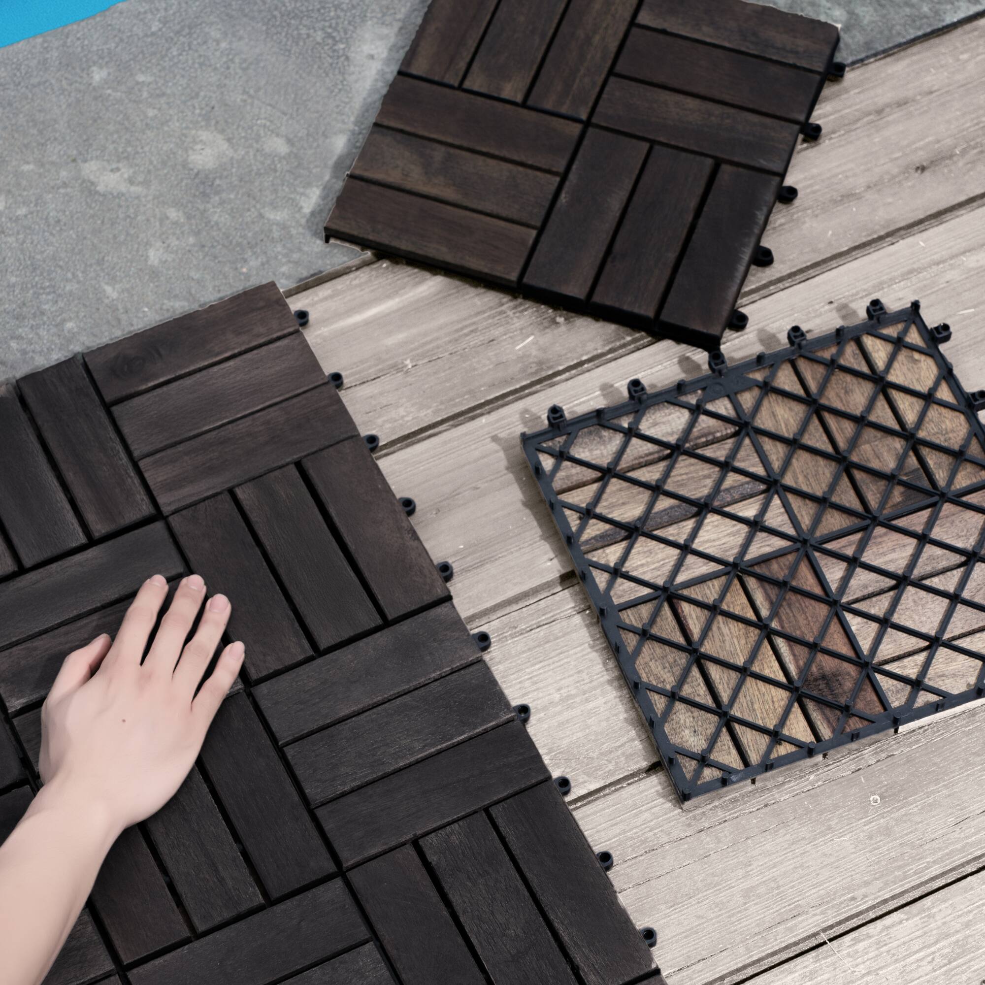 GOODSILO Acacia Wood Interlocking Deck Tiles Checker Pattern, 30 PCS 12 ...