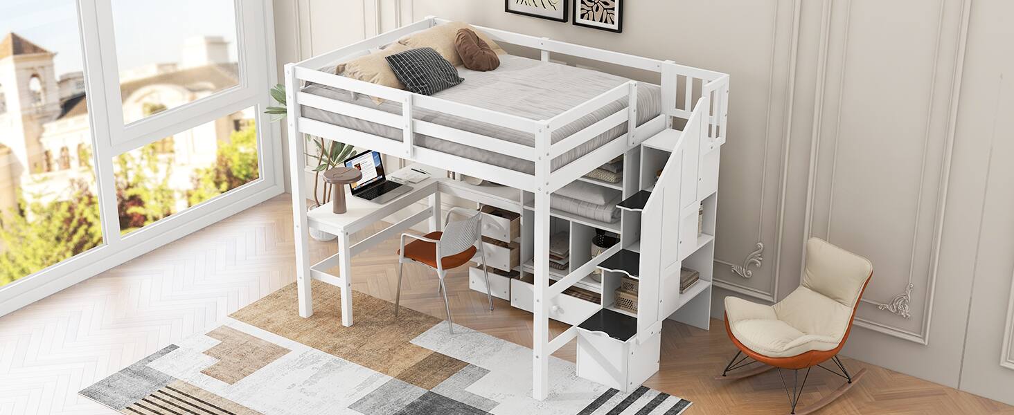 Tiramisubest Full Size White Pine Loft Bed with L Shaped Desk, Drawers ...