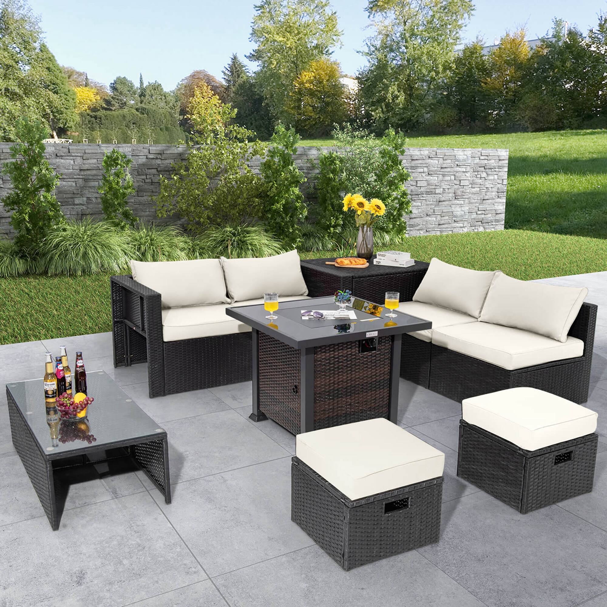 Costway 9 PCS Patio Furniture Set with 32" Fire Pit Table 50,000 BTU ...