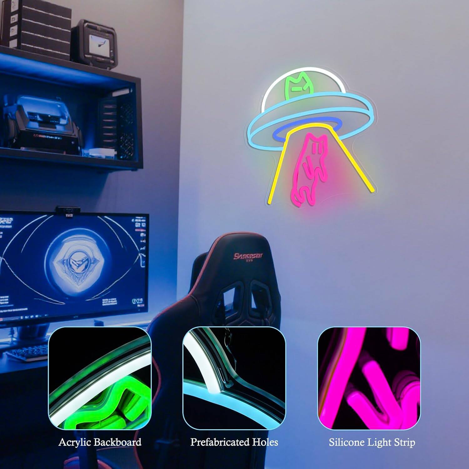 Auledio UFO Neon Sign for Wall Decor Dimmable Alien Cat Neon Sign UFO ...